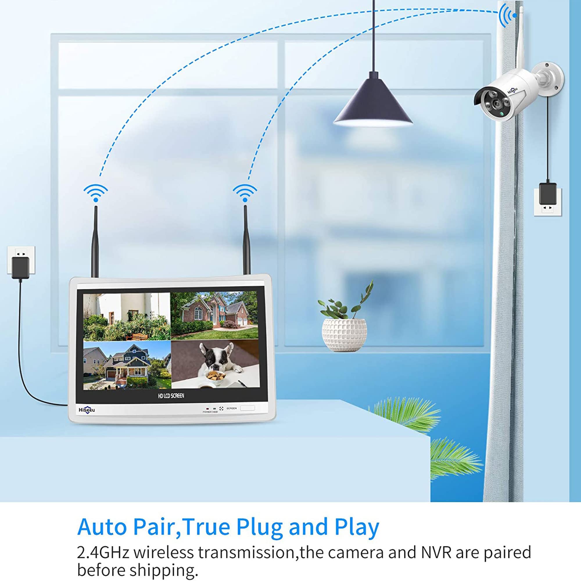 [10CH Expandable, 2K] Hiseeu All in one with 12" LCD Monitor 3TB Hard Drive, Wireless Security Camera System, Home Business 5MP Dual WiFi NVR 4Pcs 3MP Outdoor Bullet IP Cameras Night Vision Waterproof
