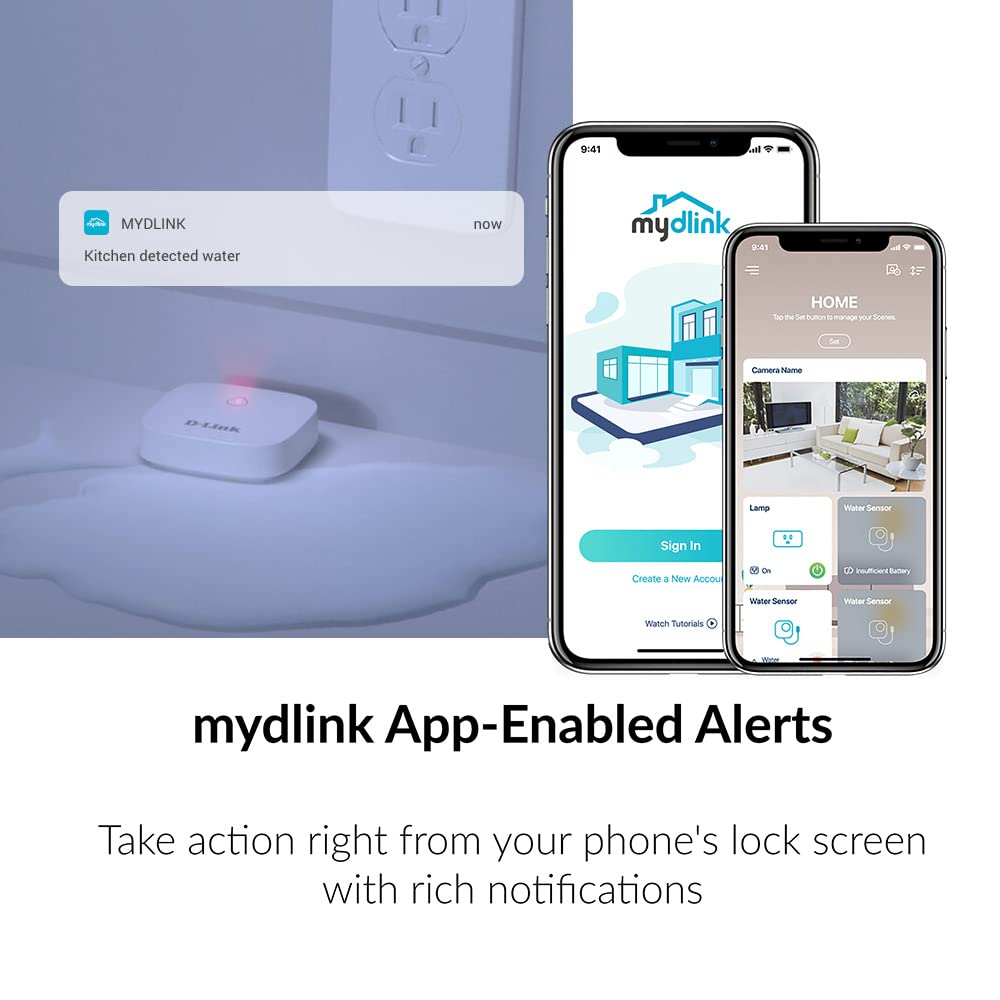 D-Link Wi-Fi Water Sensor Add-on, Long Range Battery Powered, Compatible Only with DCH-S1621KT, Whole Home with App Notifications (DCH-S163)