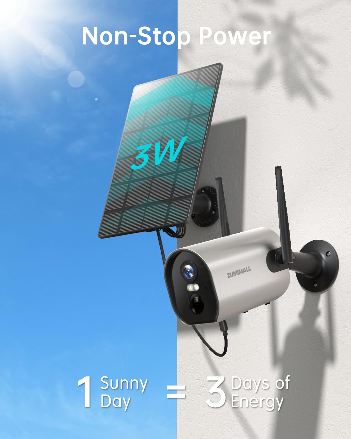 ZUMIMALL Security Cameras Wireless Outdoor - 2K Solar Powered Security Camera with 3MP Color Night Vision, Outdoor WiFi Surveillance Camera /2 Way Talk/PIR Motion Detection/Spotlight/IP66 Waterproof