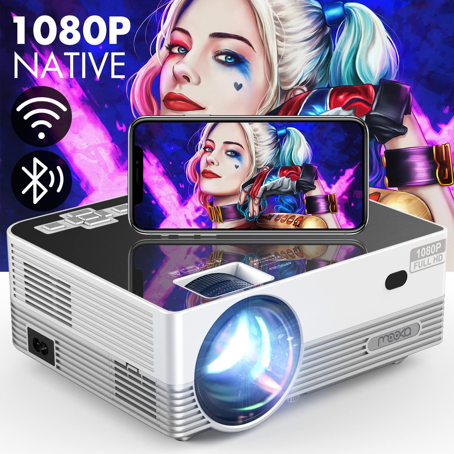 Native 1080P WiFi Bluetooth Projector, MOOKA Upgraded 8500L HD Video Projector with Carrying Bag,Support 4K &300“ Display,Mini Outdoor Movie Projectors Compatible with iOS/Android/PC/TV Stick/PS4