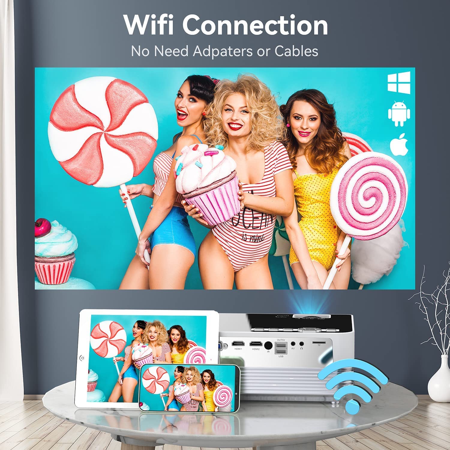 Native 1080P WiFi Bluetooth Projector, MOOKA Upgraded 8500L HD Video Projector with Carrying Bag,Support 4K &300“ Display,Mini Outdoor Movie Projectors Compatible with iOS/Android/PC/TV Stick/PS4