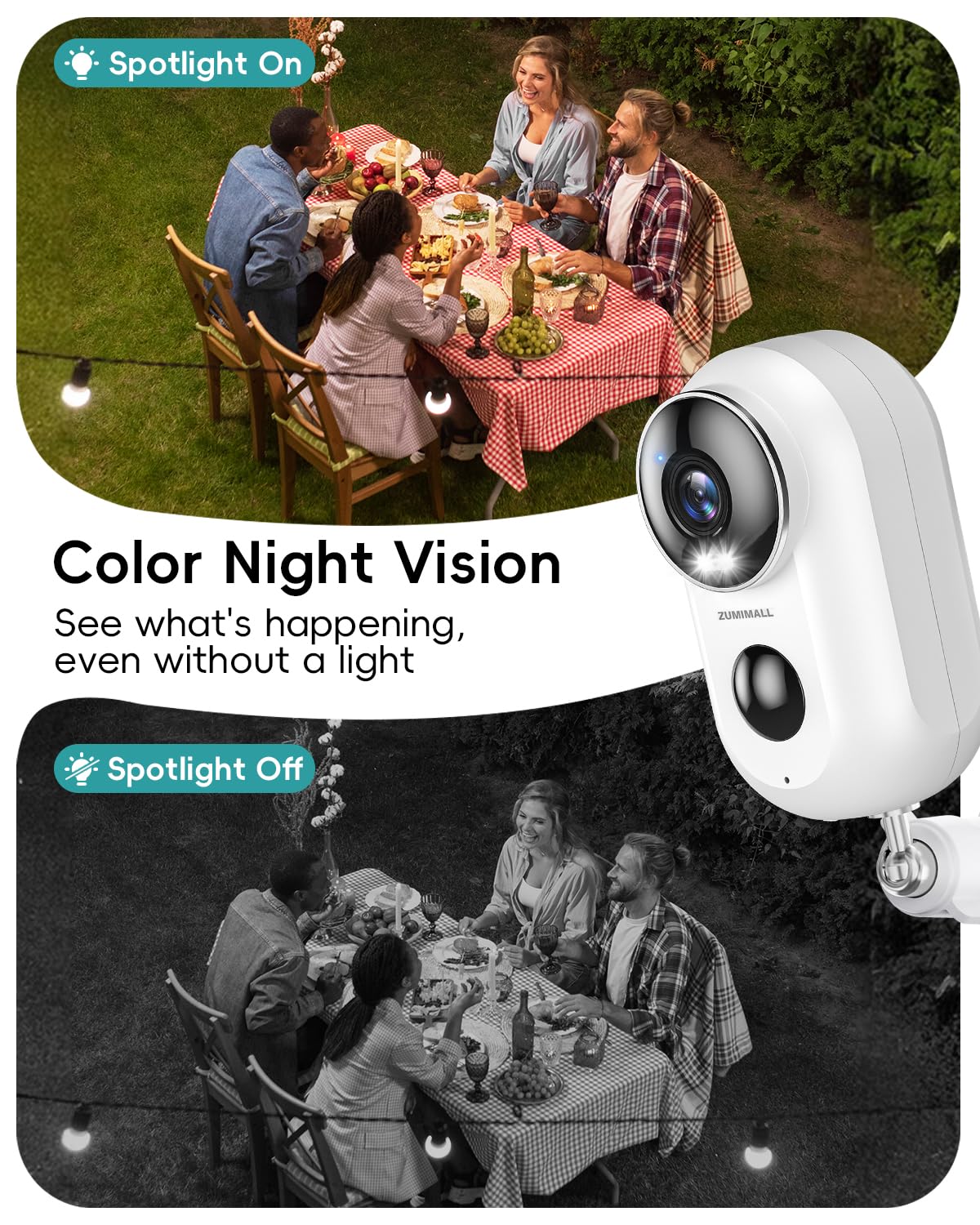 ZUMIMALL 2K Solar Camera Security Outdoor, Solar Powered Battery Operated Wireless FHD Outside Surveillance Camera for Home Security, Night Vision, PIR Motion Detection, IP66 Waterproof, 2.4G WiFi