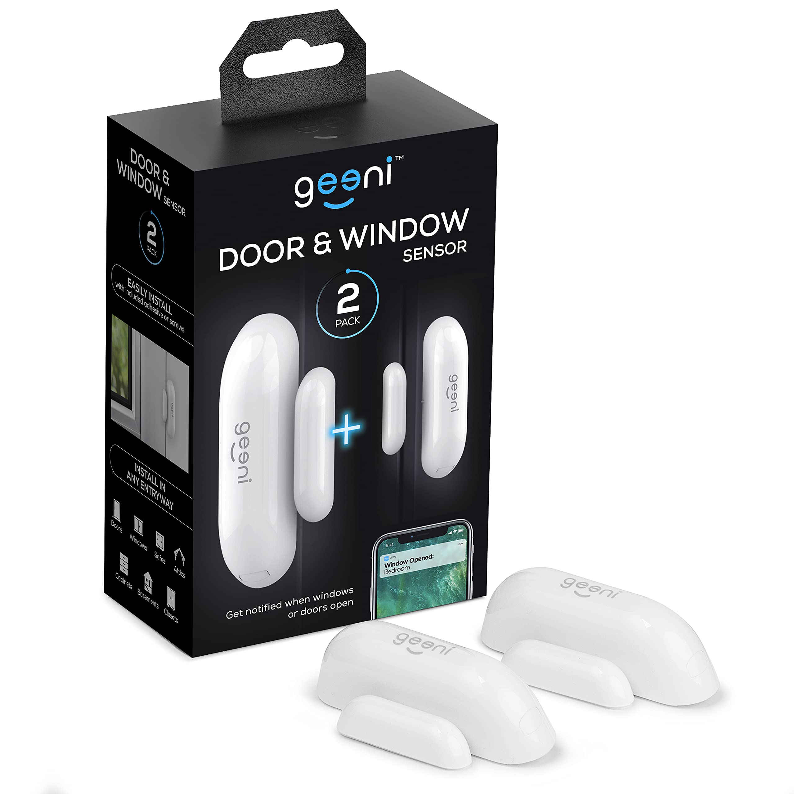 Geeni Wi-Fi Door Sensor, Smart Door and Window Sensors, White, 2-Pack No Hub Required – Wireless Design, Instant Alerts, Requires 2.4 GHz
