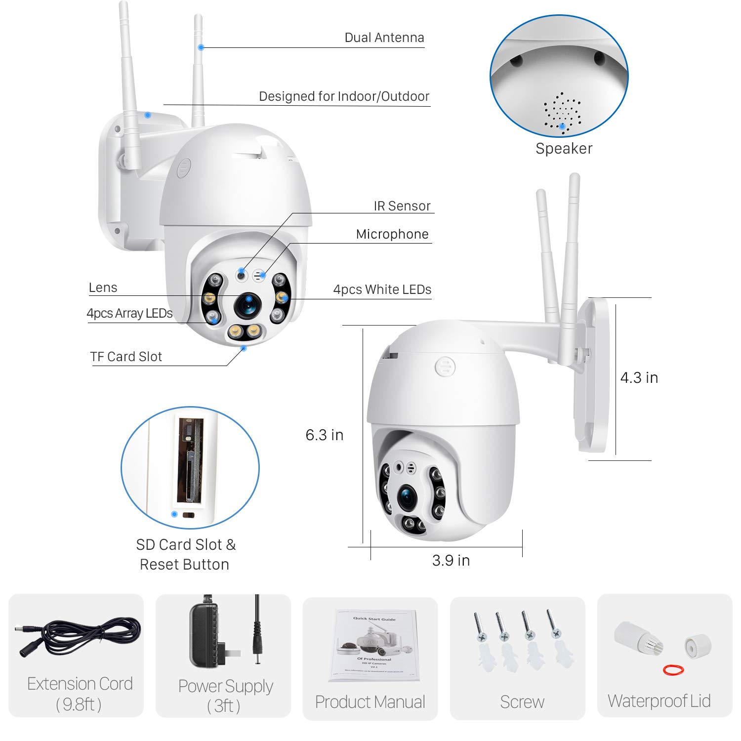 Pan Tilt Outdoor Security Camera, 1080P Home WiFi IP Camera, Pan Tilt Dome Surveillance Cam, Two Way Audio Motion Detection Clear Night Vision Onvif Waterproof CCTV Camera Support Max 128G SD