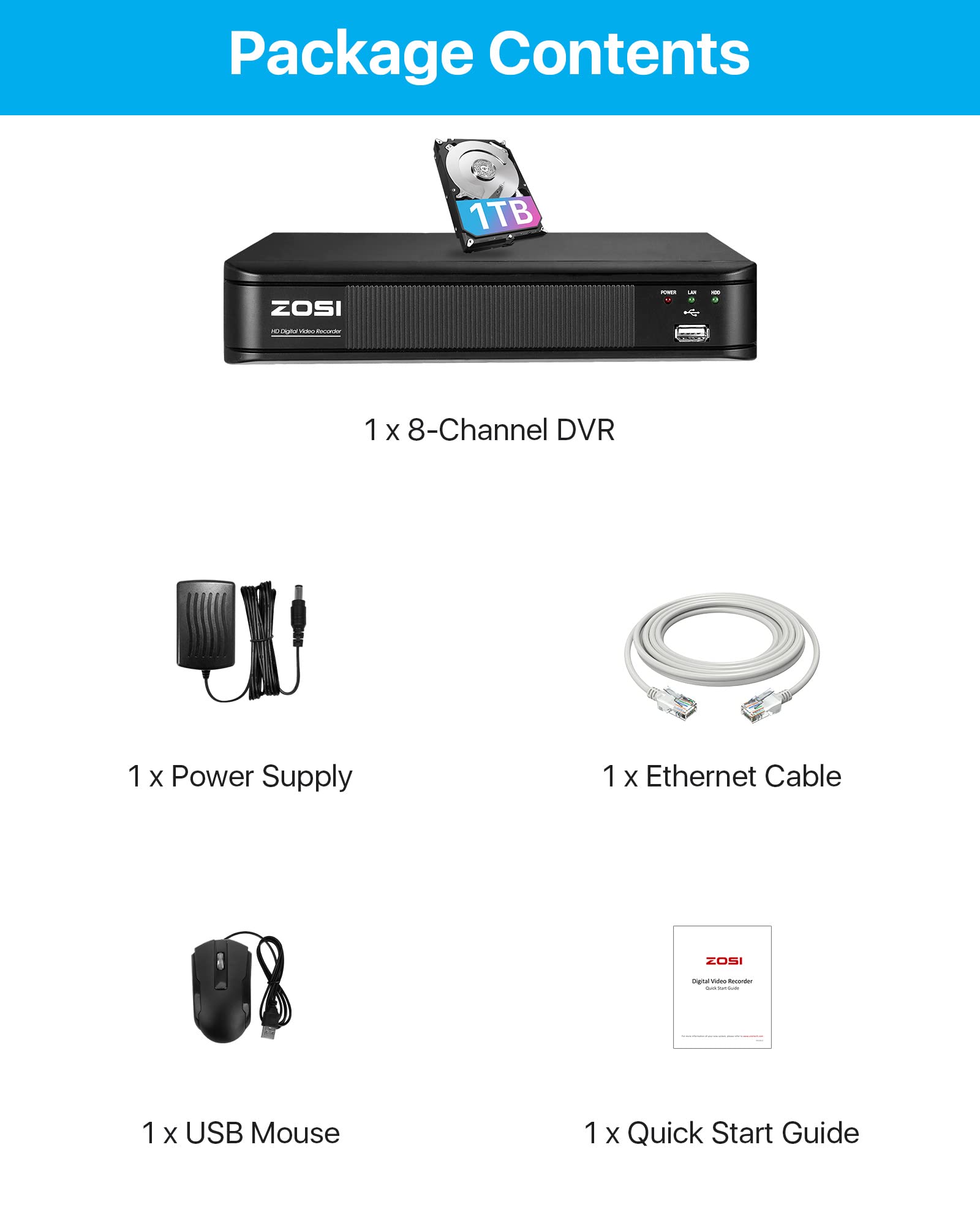 ZOSI H.265+ 5MP Lite 8 Channel CCTV DVR Recorder with Hard Drive 1TB, Remote Access, Motion Alert Push, Hybrid Capability 4-in-1(Analog/AHD/TVI/CVI) Full 1080p HD Surveillance DVR for Security Camera
