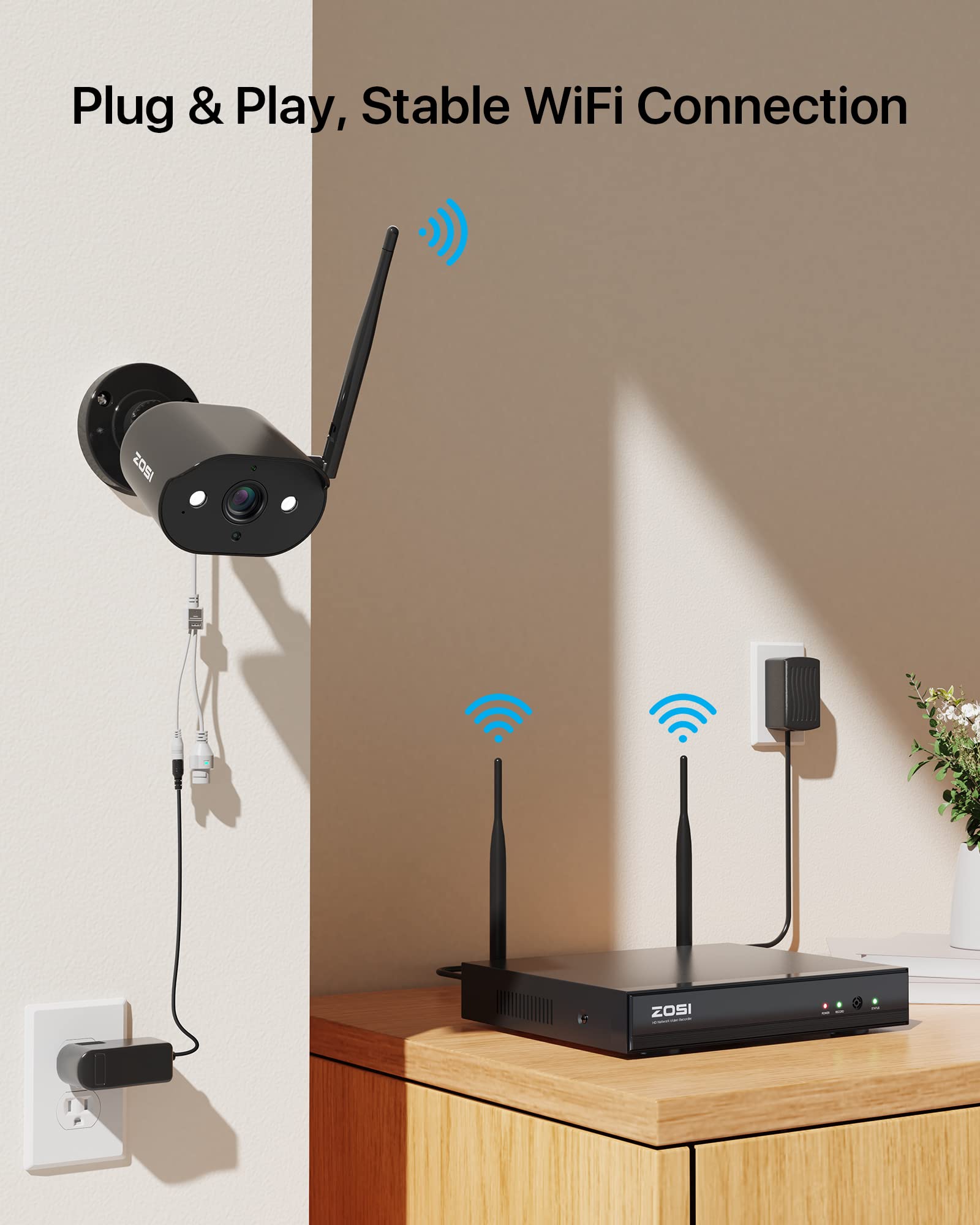 ZOSI 2K 3MP Wireless Security Camera System Outdoor Indoor, 4 x 3MP WiFi IP Camera and H.265+ 8CH NVR with 1TB Hard Drive for 24/7 Recording, Night Vision, Motion Alert, Remote Control