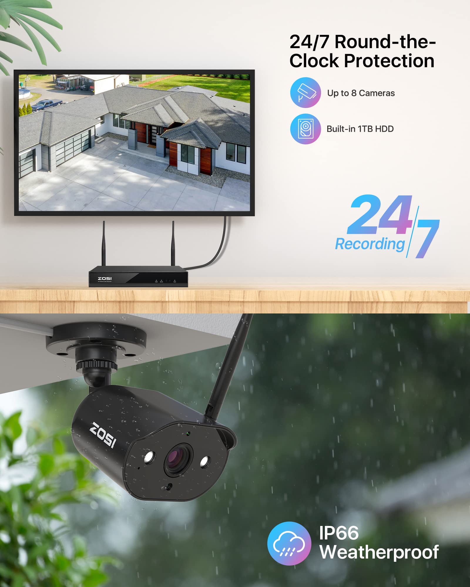 ZOSI 2K 3MP Wireless Security Camera System Outdoor Indoor, 4 x 3MP WiFi IP Camera and H.265+ 8CH NVR with 1TB Hard Drive for 24/7 Recording, Night Vision, Motion Alert, Remote Control
