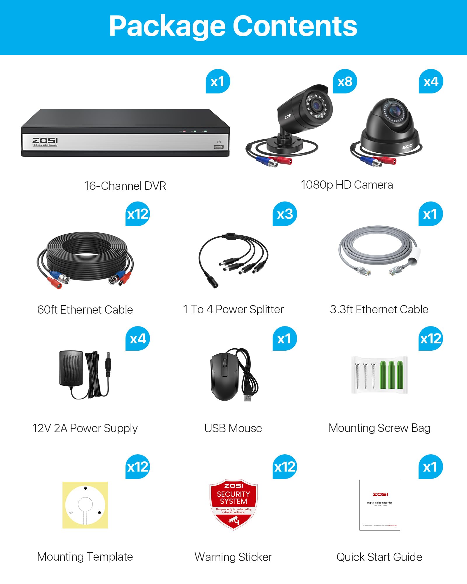 ZOSI 16CH 1080P Security Camera System with 2TB Hard Drive,H.265+ 16Channel 1080P HD-TVI DVR with 12PCS 1080P Outdoor Indoor Surveillance Cameras, 80ft Night Vision, Motion Detection,Remote Access