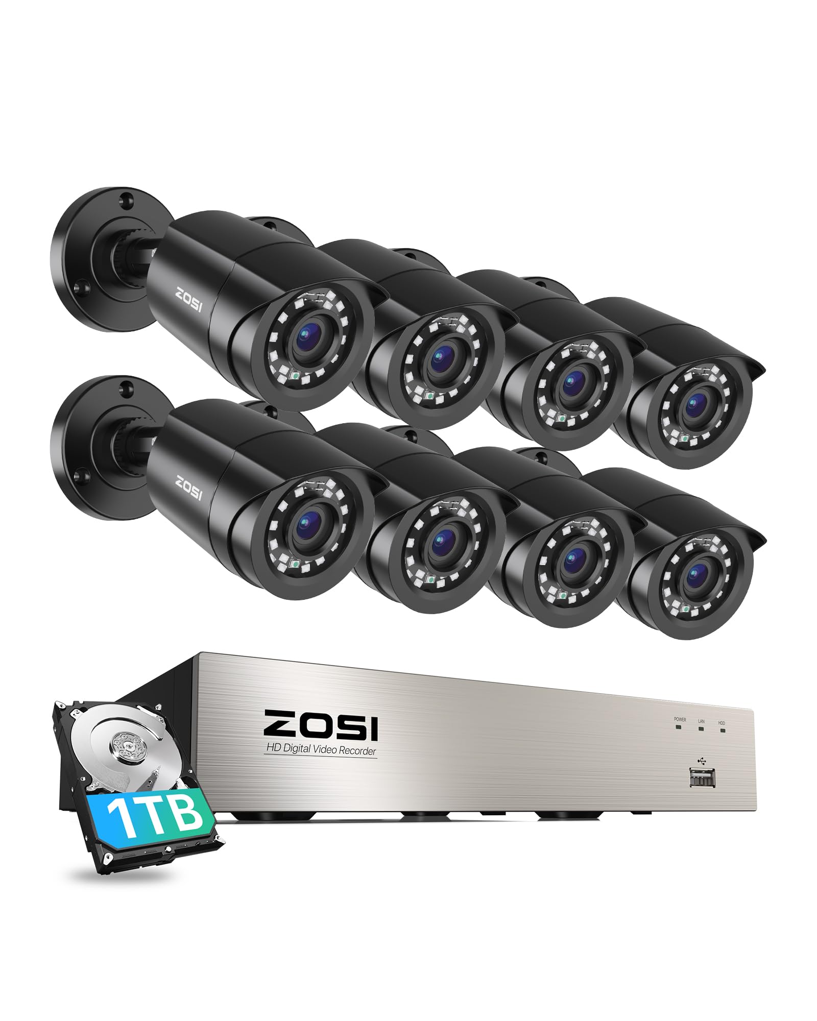 ZOSI 8CH 1080P Security Camera System Outdoor with 1TB Hard Drive H.265+ 8 Channel 5MP Lite Video DVR Recorder with 8X 1080P HD 1920TVL Weatherproof CCTV Cameras, Motion Alert, Easy Remote Access