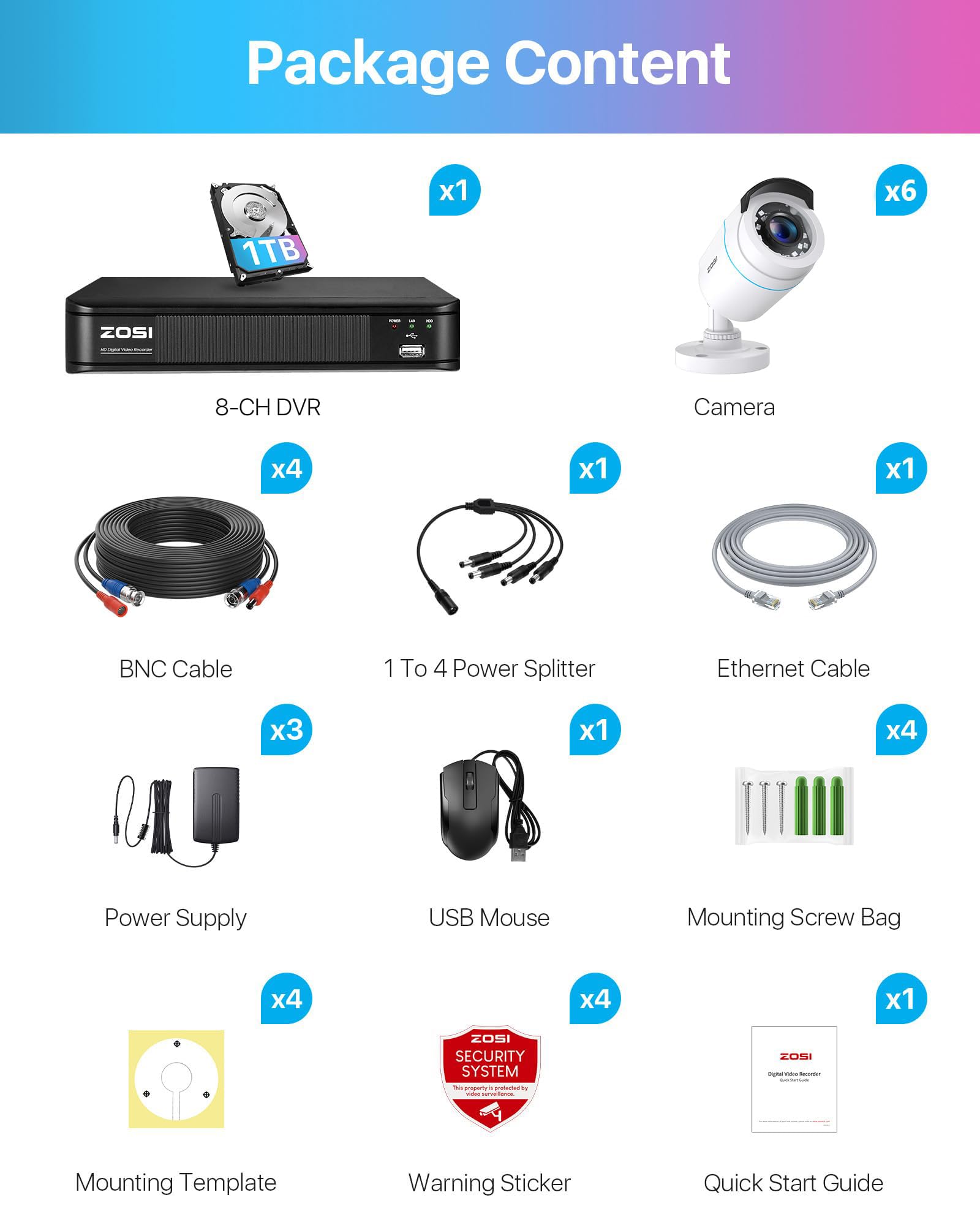 ZOSI 1080p Home Security Camera System Outdoor Indoor, H.265+ 5MP Lite CCTV DVR Recorder 8 Channel with Hard Drive 1TB and 6 x 1080p Weatherproof Surveillance Bullet Camera, 80ft Night Vision