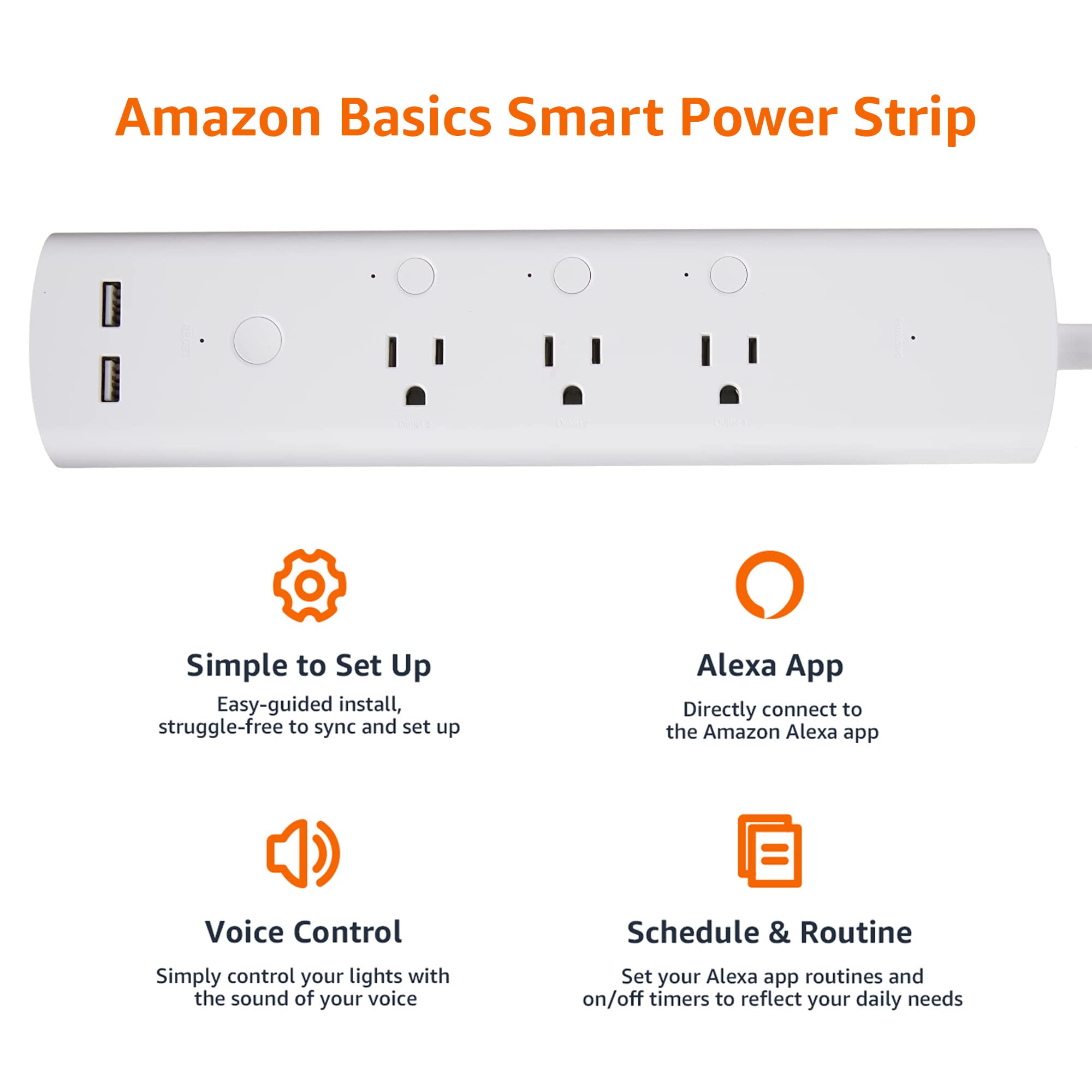 Amazon Basics Smart Plug Power Strip, Surge Protector with 3 Individually Controlled Outlets and 2 USB Ports, 2.4 GHz Wi-Fi, Works with Alexa