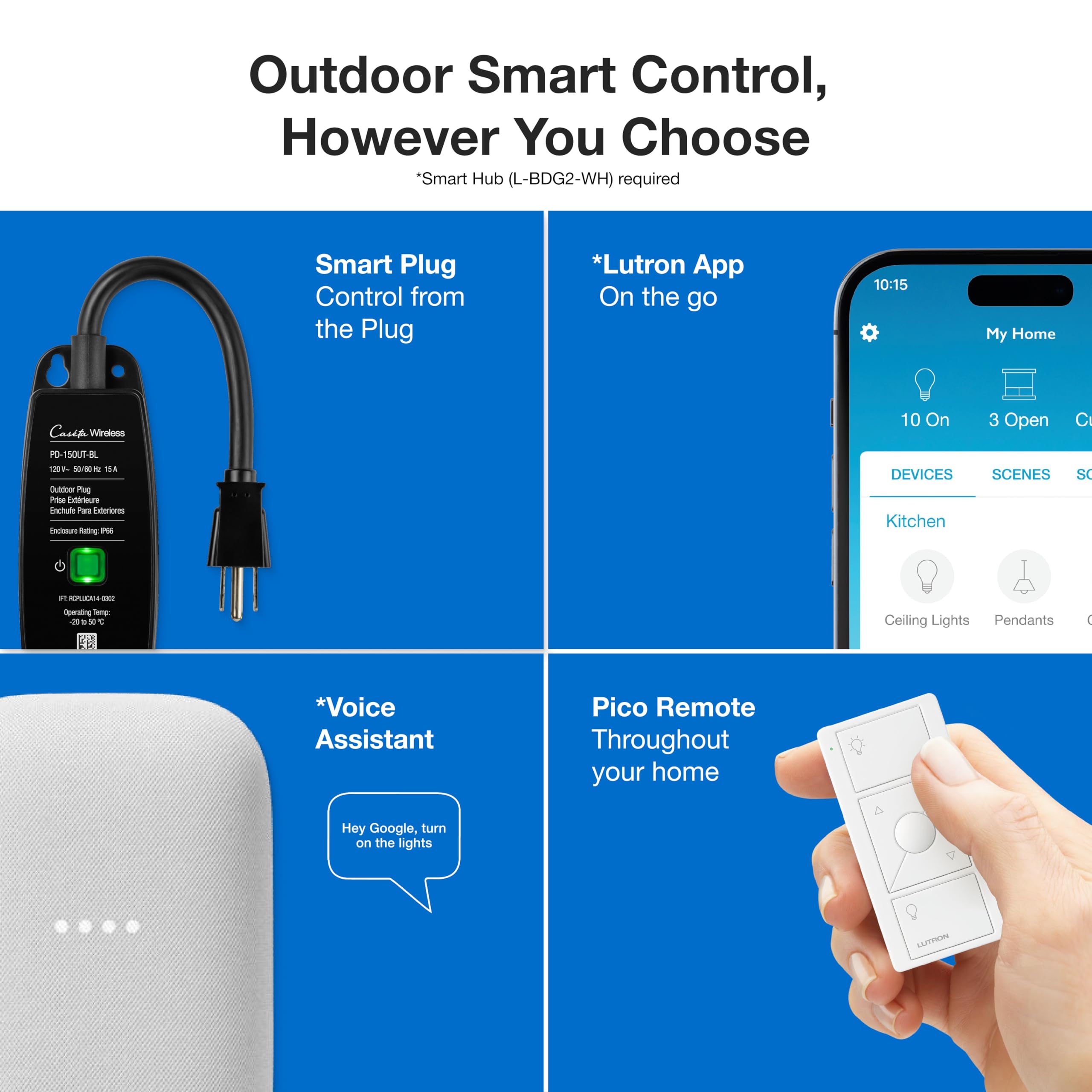 Lutron Caséta Weatherproof+ Outdoor Smart Plug On/Off Switch | Works with Alexa, Google Assistant, Ring, Apple HomeKit (smart hub required) | for Landscape and String Lighting | PD-15OUT-BL | Black
