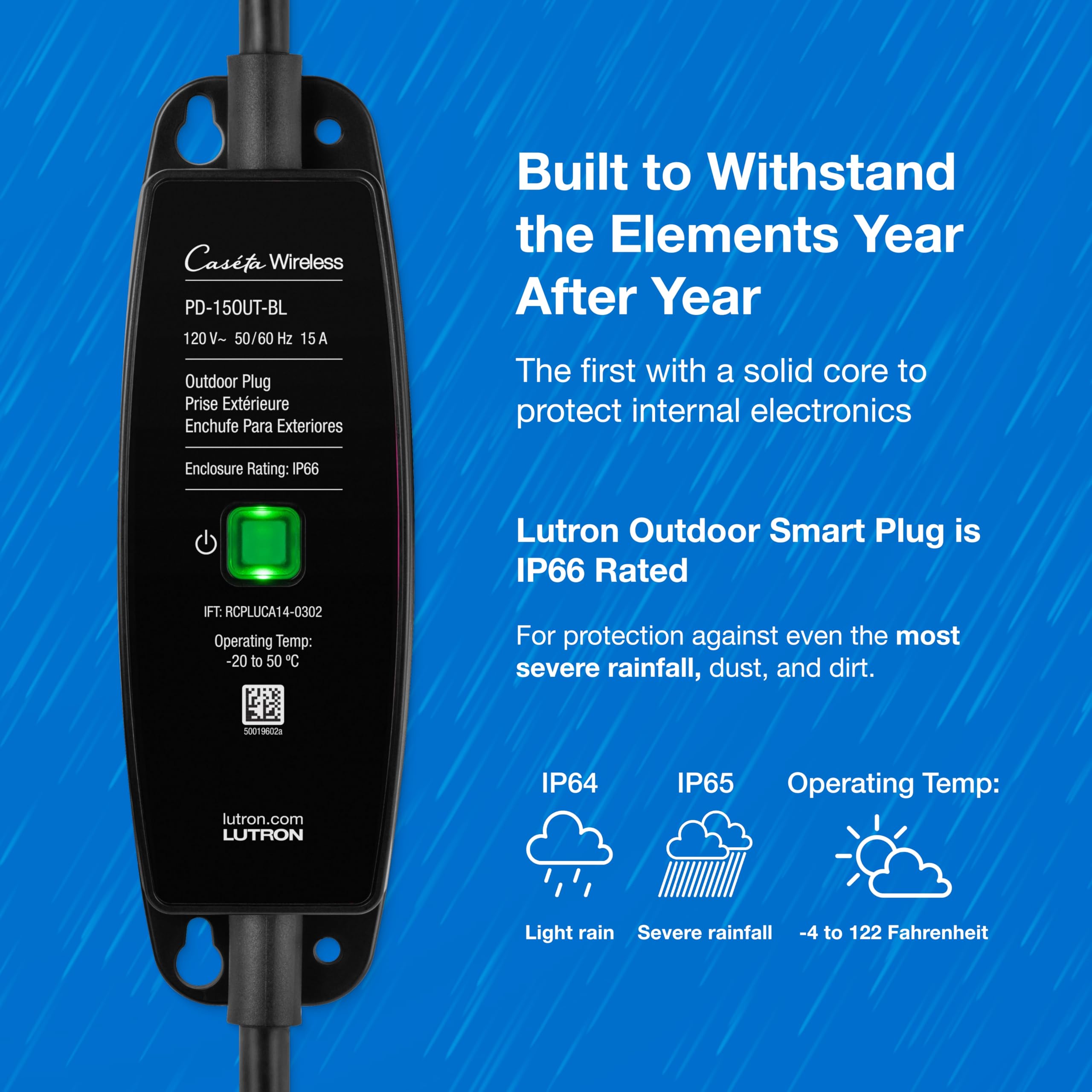 Lutron Caséta Weatherproof+ Outdoor Smart Plug On/Off Switch | Works with Alexa, Google Assistant, Ring, Apple HomeKit (smart hub required) | for Landscape and String Lighting | PD-15OUT-BL | Black
