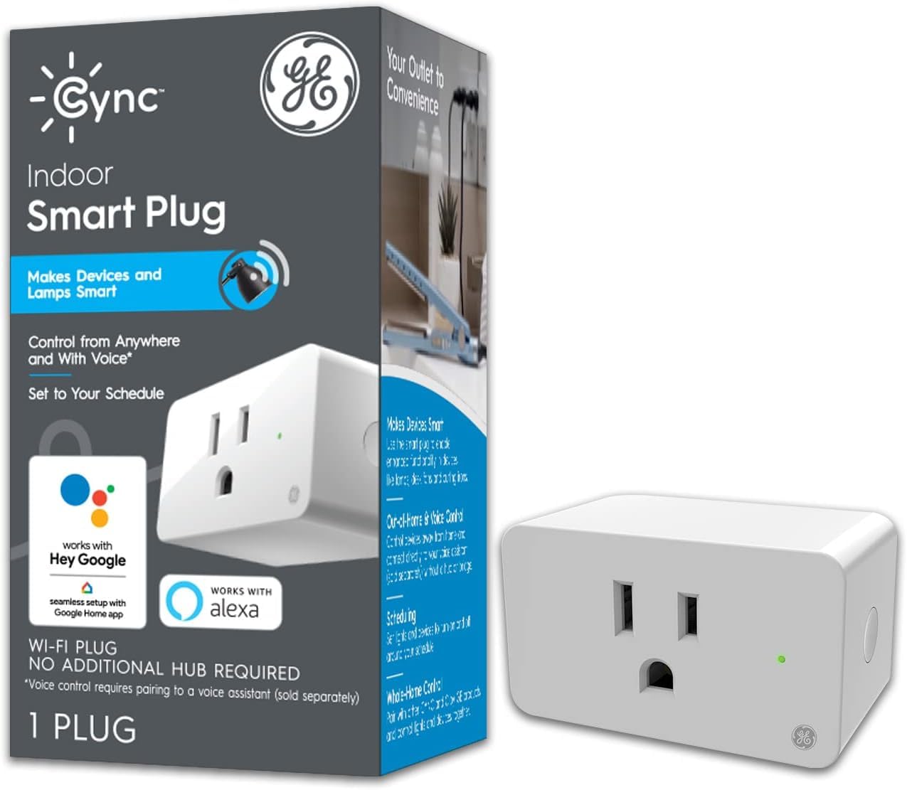 GE CYNC Indoor Smart Plug, Bluetooth and Wi-Fi Outlet Socket, Works with Alexa and Google Home (1 Pack)