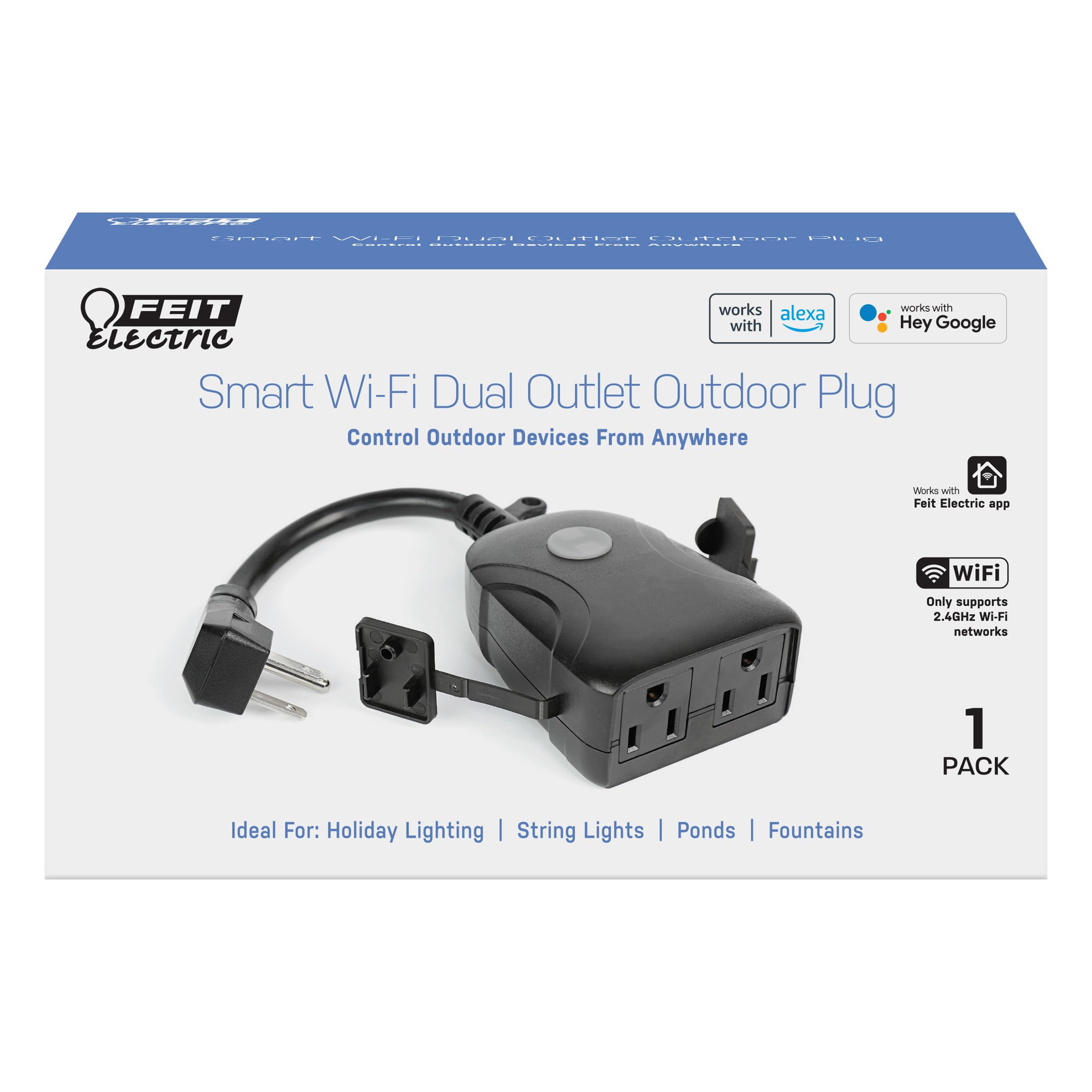 Feit Electric Smart Outdoor Plug, WiFi Waterproof Plug, 2 Grounded Sockets, Works with Alexa and Google Assistant, App Controlled, 15 Amp Indoor/Outdoor 2 Outlet Plug, Black, Plug/WiFi/WP