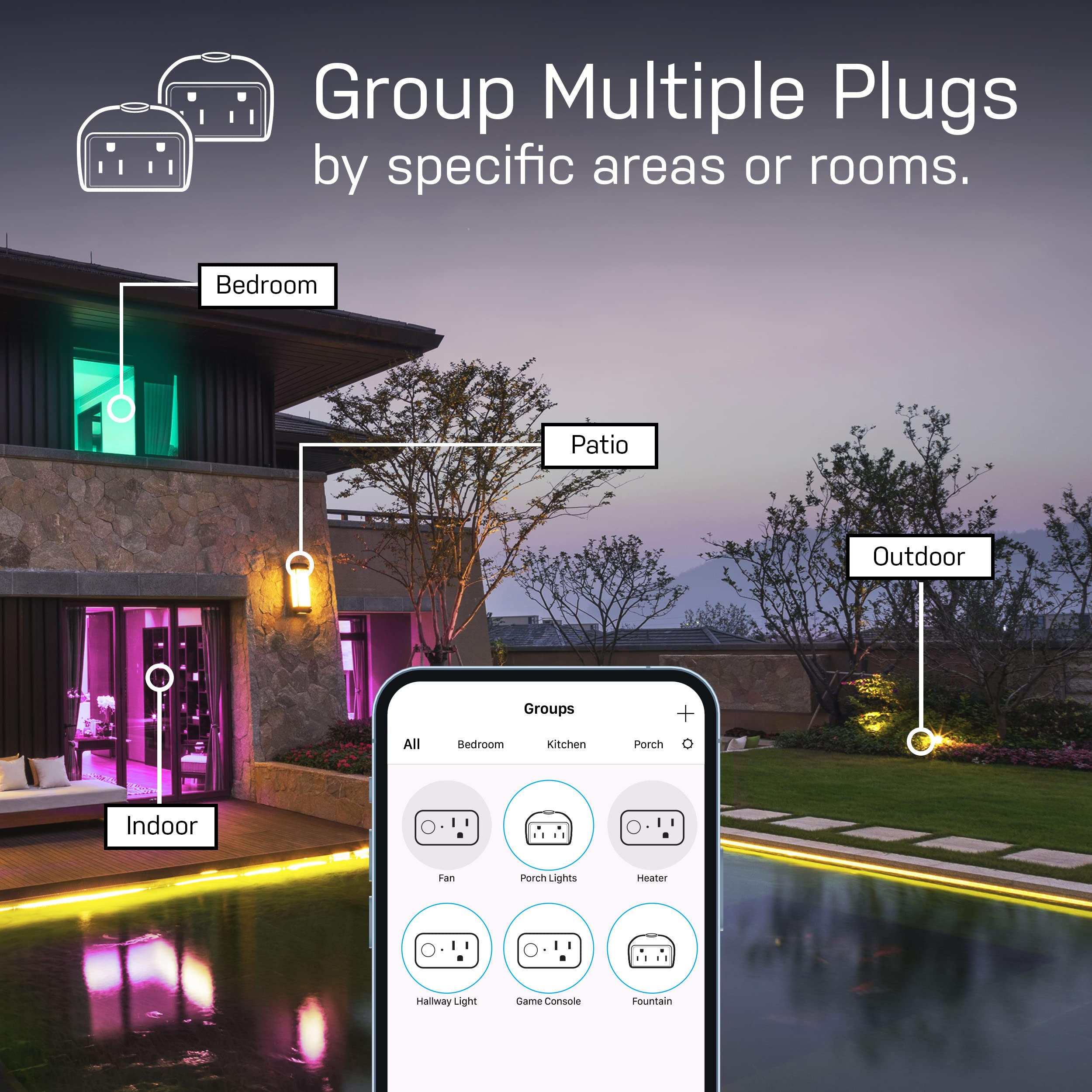 Feit Electric Smart Outdoor Plug, WiFi Waterproof Plug, 2 Grounded Sockets, Works with Alexa and Google Assistant, App Controlled, 15 Amp Indoor/Outdoor 2 Outlet Plug, Black, Plug/WiFi/WP