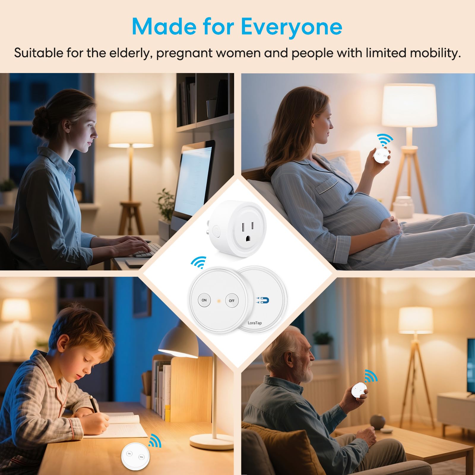 LoraTap Mini Remote Control Outlet Plug Adapter with Remote, 656ft Range Wireless Light Switch for Household Appliances, No Hub Required, 10A/1100W, White, 2 Years Warranty