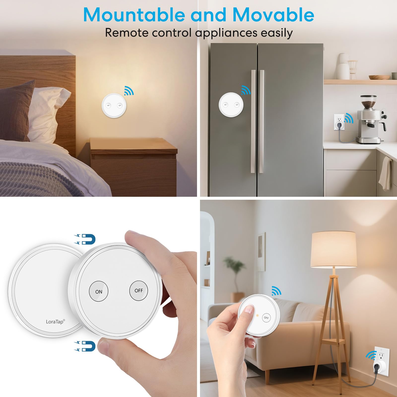 LoraTap Mini Remote Control Outlet Plug Adapter with Remote, 656ft Range Wireless Light Switch for Household Appliances, No Hub Required, 10A/1100W, White, 2 Years Warranty