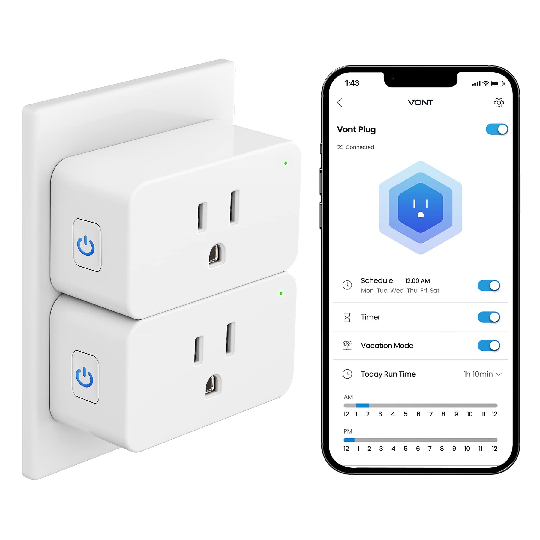 Vont Smart Plug [2 Pack] Alexa Smart Plugs, WiFi + Bluetooth, Google Assistant & IFTTT, Voice Command, Timer & Schedules, Control Anywhere, Vacation Mode, ETL & FCC Certified, No Hub Required