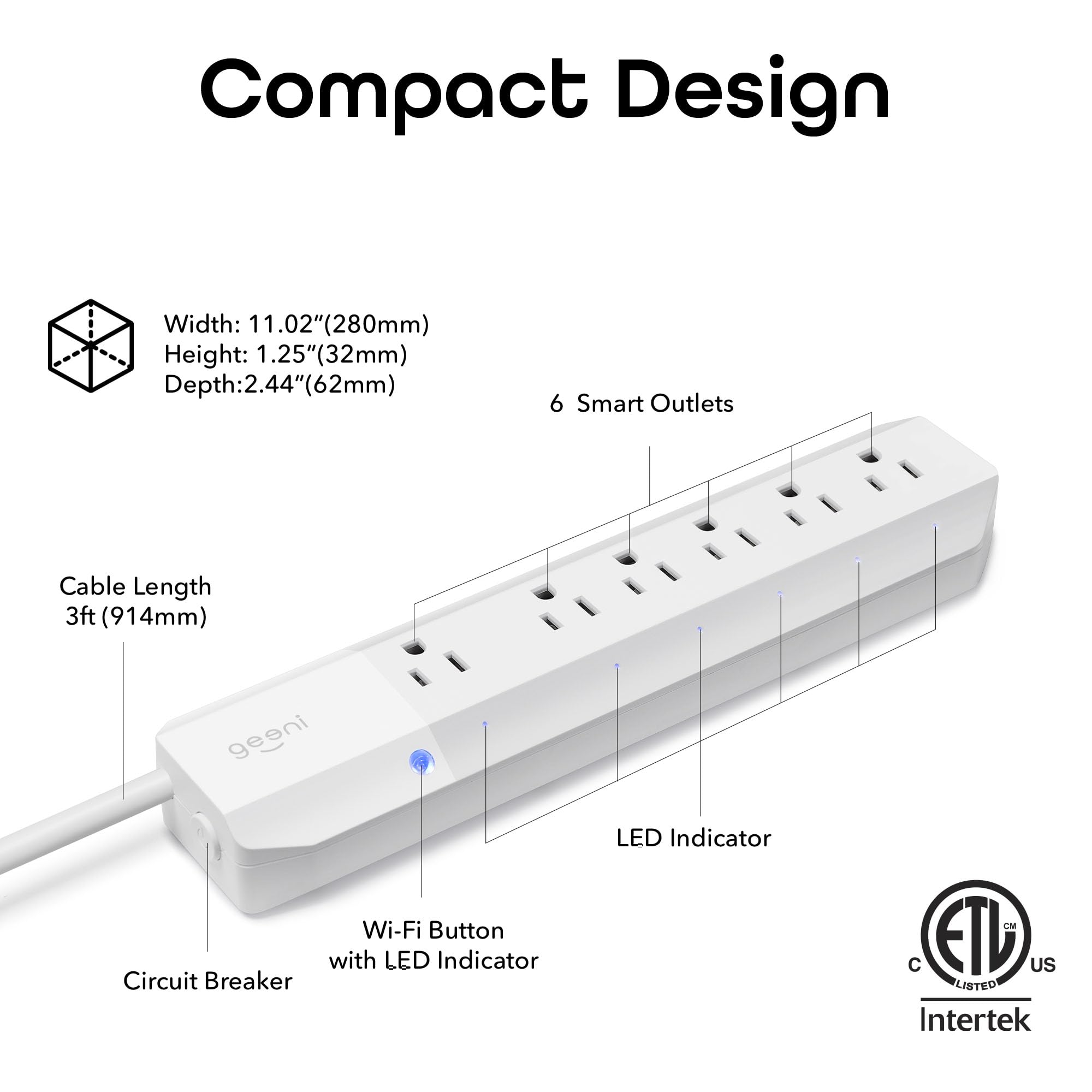 Geeni Surge 6-Outlet Smart Extension Cord, Surge Protector and Cord Extender, Works with Alexa, Google Assistant, Requires 2.4 GHz WiFi, 3 Feet