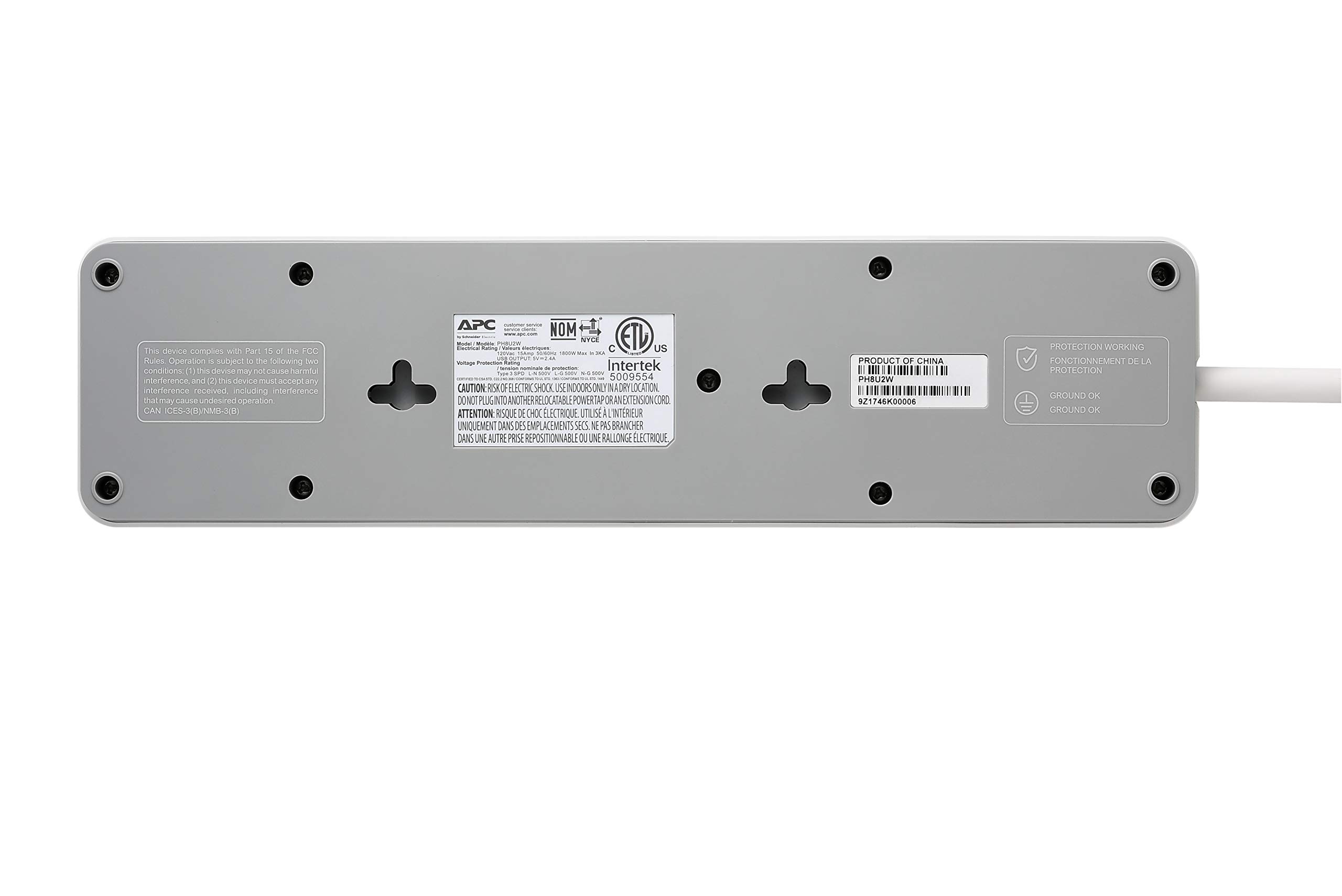 APC Surge Protector, White Power Strip PH8W, 2160 Joules, Flat Plug, 8 Outlet Power Strip