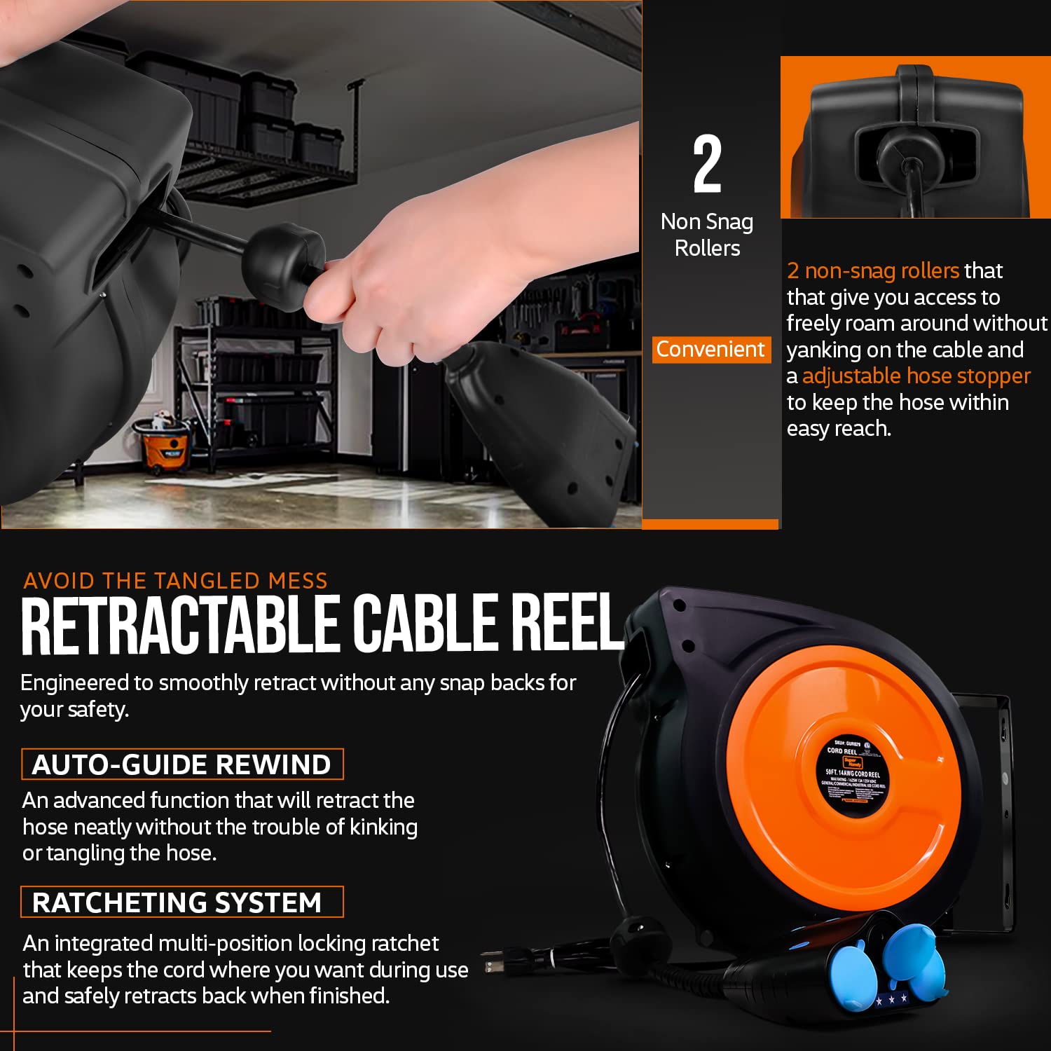 SuperHandy Cord Reel Extension Alexa Smart Plug 12AWG x 50' Feet (3) IP64 Waterproof Wireless Remote Control Timer Rated at 15A 1875W Advanced Slow Retraction Technology (SRT) [Patent Pending]