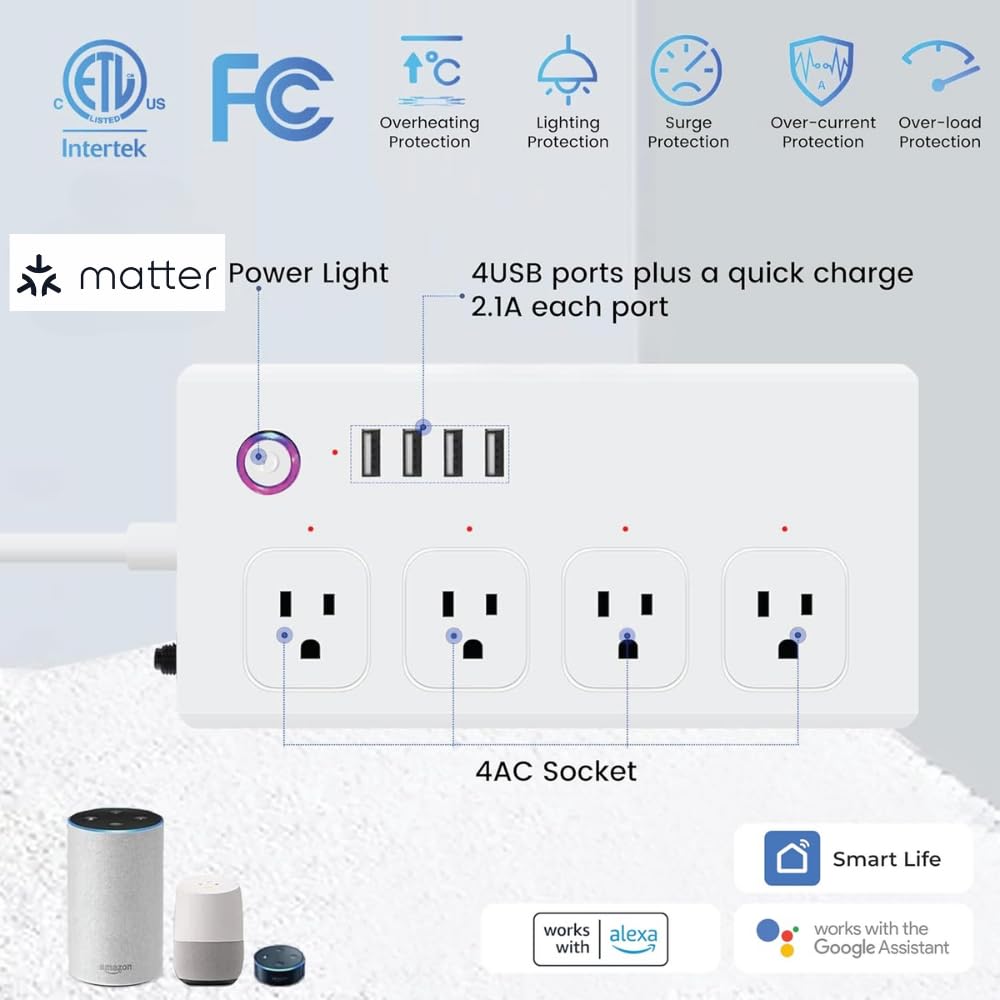 Smart Power Strip, Smart Plug with 4 AC Outlets and 4 USB Ports, WiFi Surge Protector Works with Alexa and Google Home, App/Remote/Voice Control, Schedule/Timer, White, 10A