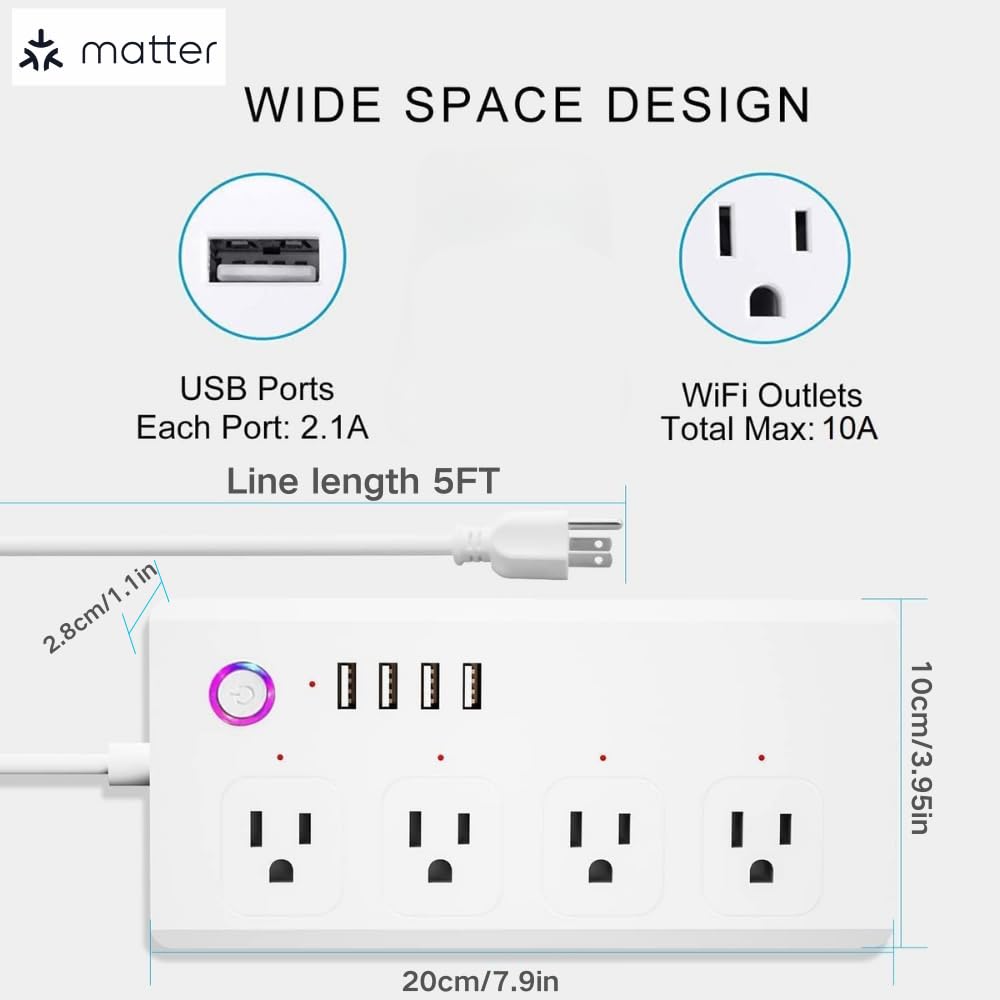 Smart Power Strip, Smart Plug with 4 AC Outlets and 4 USB Ports, WiFi Surge Protector Works with Alexa and Google Home, App/Remote/Voice Control, Schedule/Timer, White, 10A
