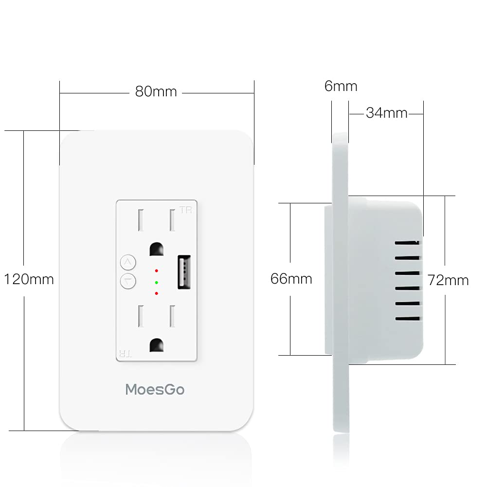 MoesGo Smart Power Wall Outlet with USB, WiFi Socket with 2 Plug outlets 15 Amp Divided Control, Smart Life/Tuya APP Remote Controller, ETL Certified, Work with Alexa and Google Home, No Hub Required