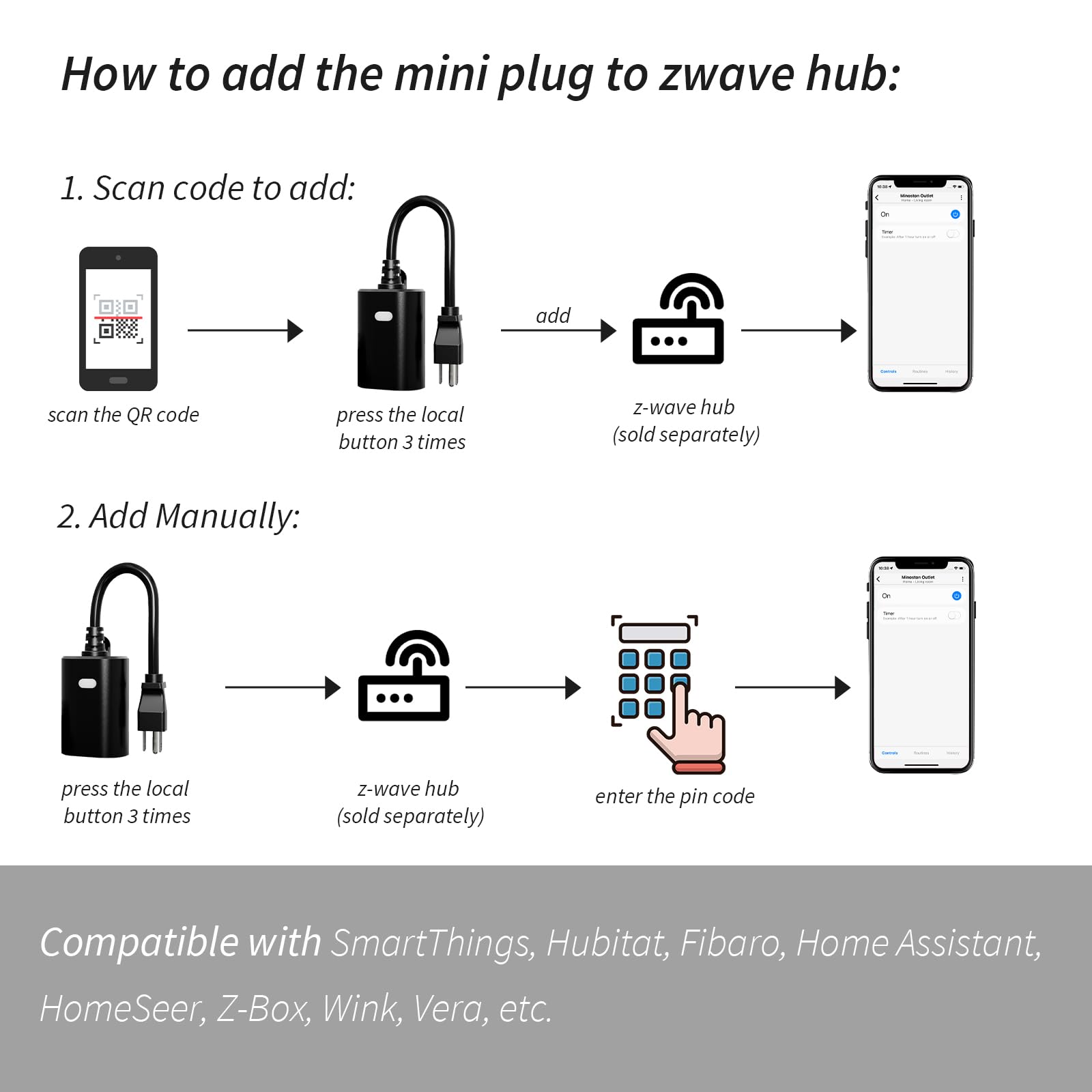 Minoston Z-Wave Plus Smart Plug, Outdoor On/Off Outlet Switch, ZWave Hub Required, Weather-Resistant, Built-in Repeater, Work with SmartThings, Wink, Alexa, Black(MP22Z)
