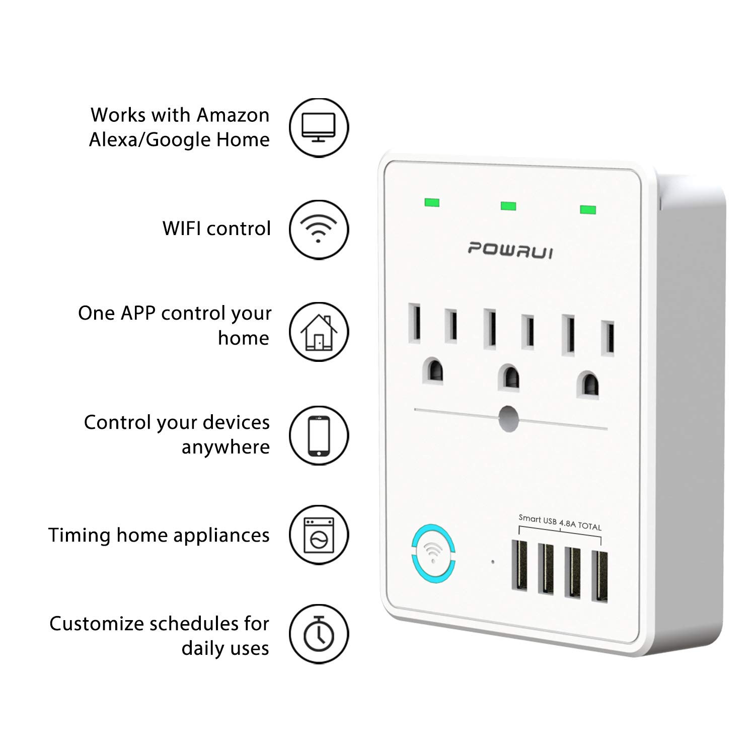 Smart Plug(2.4G Only), USB Wall Charger, POWRUI WiFi Surge Protector with 4 USB Charging Ports(4.8A 24W Total) and 3 Smart Outlet Extender, Compatible with Alexa Google Assistant for Voice Control