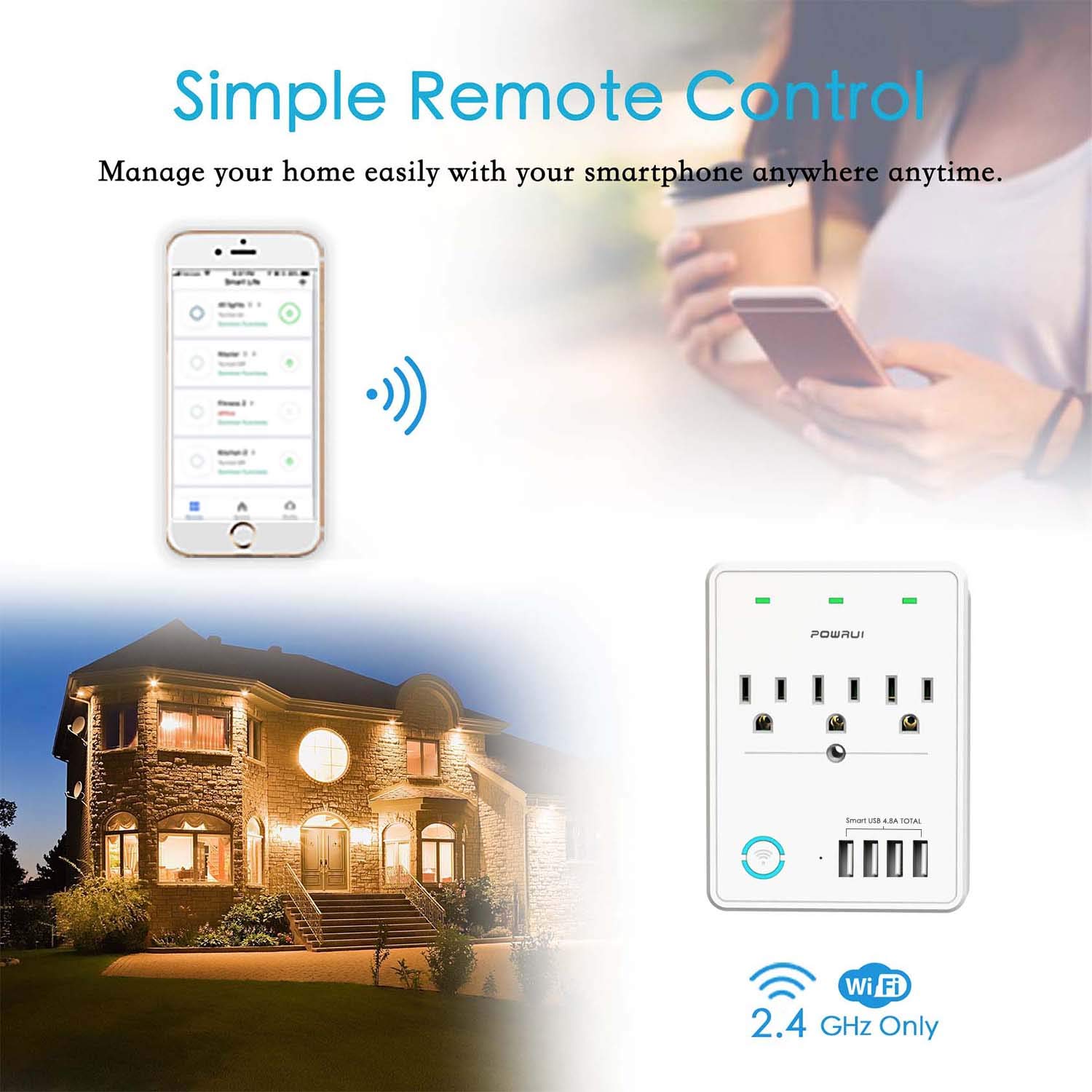 Smart Plug(2.4G Only), USB Wall Charger, POWRUI WiFi Surge Protector with 4 USB Charging Ports(4.8A 24W Total) and 3 Smart Outlet Extender, Compatible with Alexa Google Assistant for Voice Control
