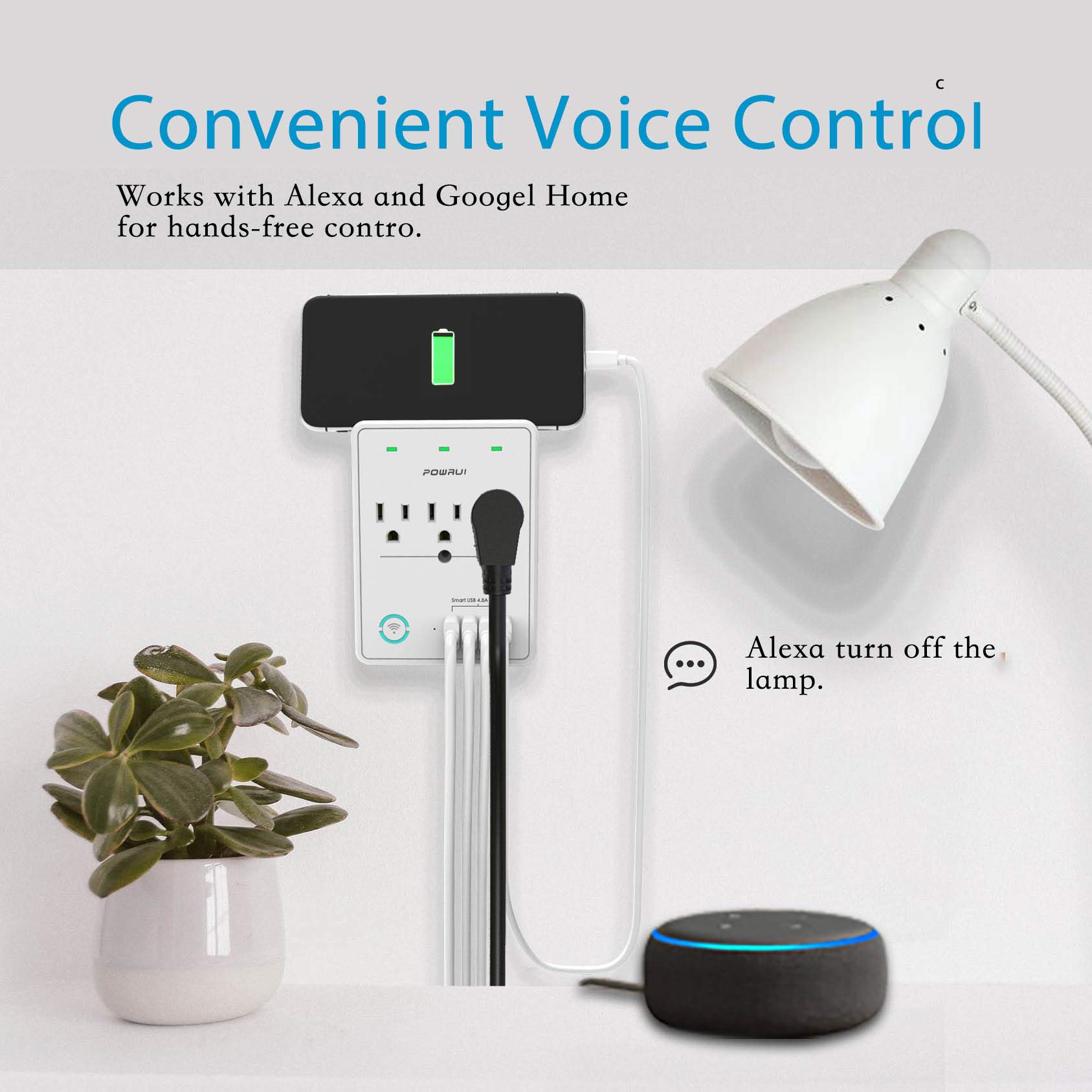 Smart Plug(2.4G Only), USB Wall Charger, POWRUI WiFi Surge Protector with 4 USB Charging Ports(4.8A 24W Total) and 3 Smart Outlet Extender, Compatible with Alexa Google Assistant for Voice Control