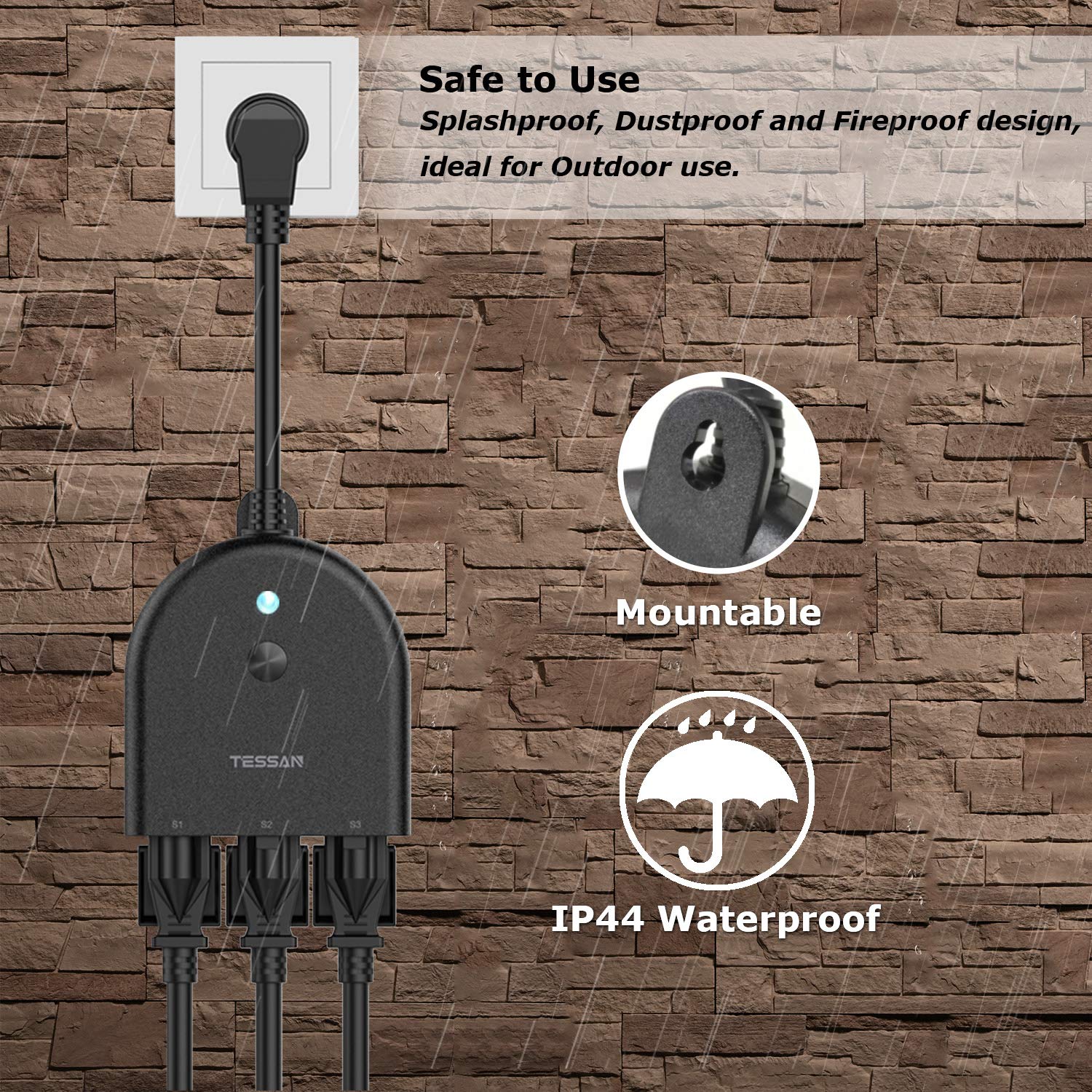 Outdoor Smart Plug, TESSAN WiFi Smart Outlet Switch with 3 Individual Sockets Work with Alexa Echo Google Home, Wireless Remote Control Outlet,Timer by Smartphone, Weatherproof Outdoor Power Strip