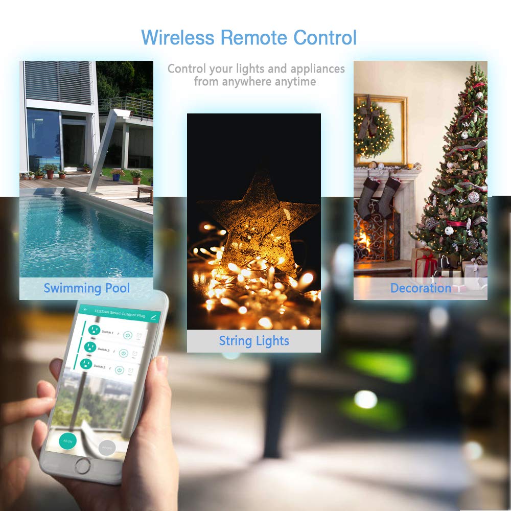 Outdoor Smart Plug, TESSAN WiFi Smart Outlet Switch with 3 Individual Sockets Work with Alexa Echo Google Home, Wireless Remote Control Outlet,Timer by Smartphone, Weatherproof Outdoor Power Strip