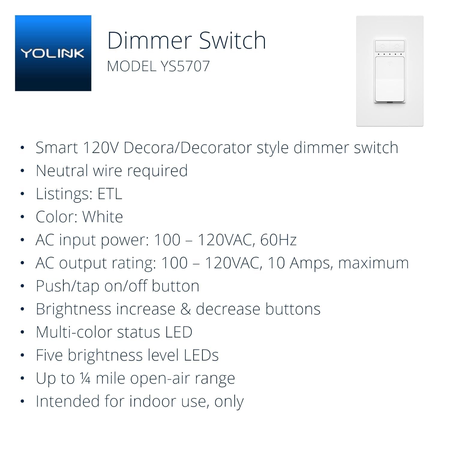 Wall Switch, YoLink 1/4 Mile Super Long Range Smart Light Switch Single Pole 10A in-Wall Switch Compatible with Alexa Google Assistant Home IFTTT, ETL Listed, Neutral Wire Needed, YoLink Hub Required