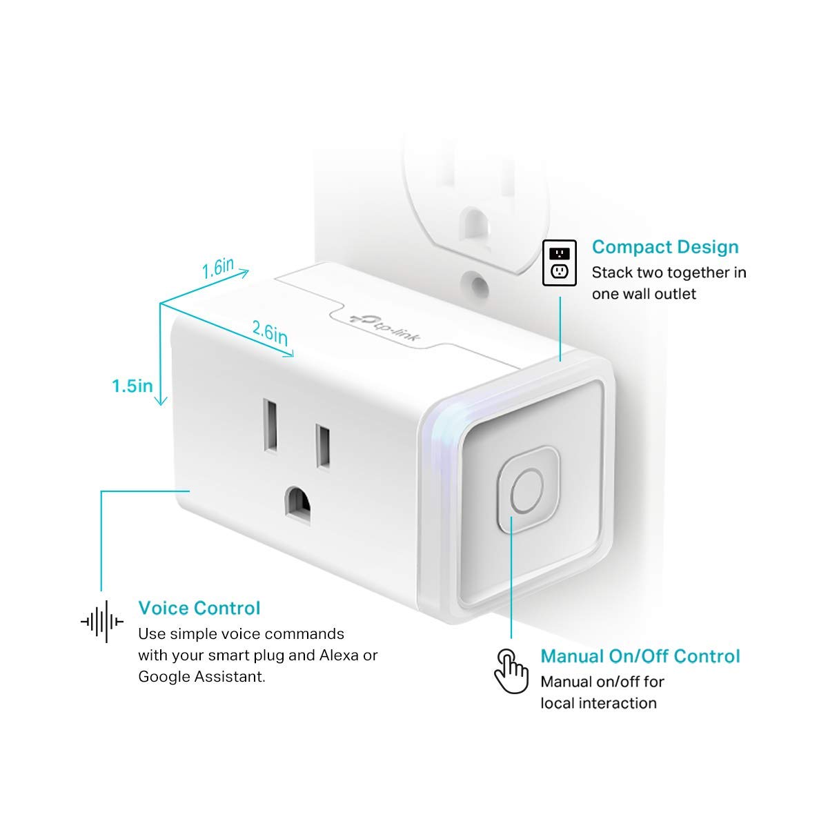 Kasa Smart Plug by TP-Link, Smart Home Wi-Fi Outlet Works with Alexa, Echo, Google Home & IFTTT, No Hub Required, Remote Control, 15 Amp, UL Certified, 1-Pack(HS103) , WHITE