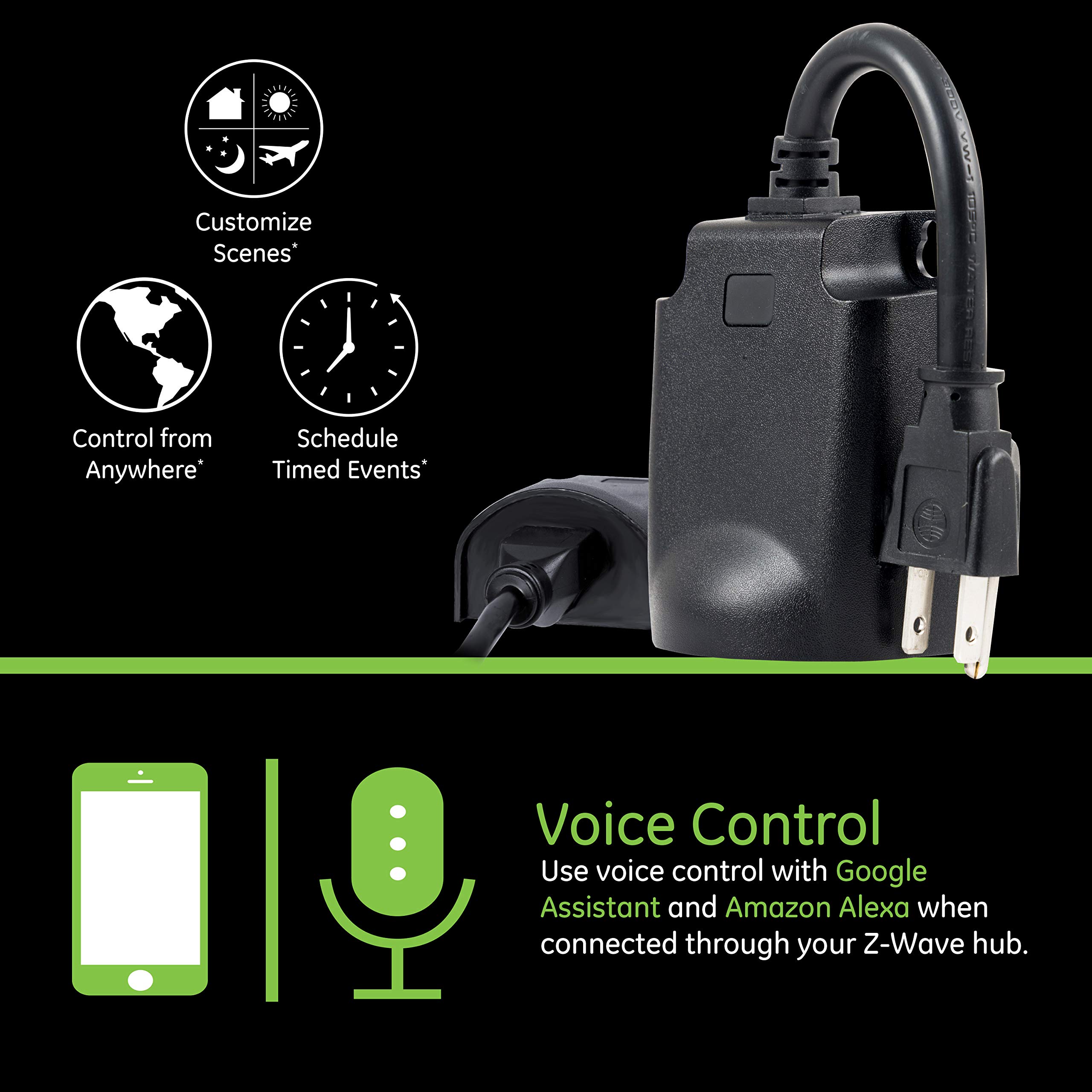 Enbrighten Z-Wave Plus Smart Outdoor Switch, 1-Outlet Plug-In (2nd Gen.), Weather-Resistant, Works with Alexa, Google Assistant, for Landscape & Seasonal Lighting, ZWave Hub Required, 14298,Black