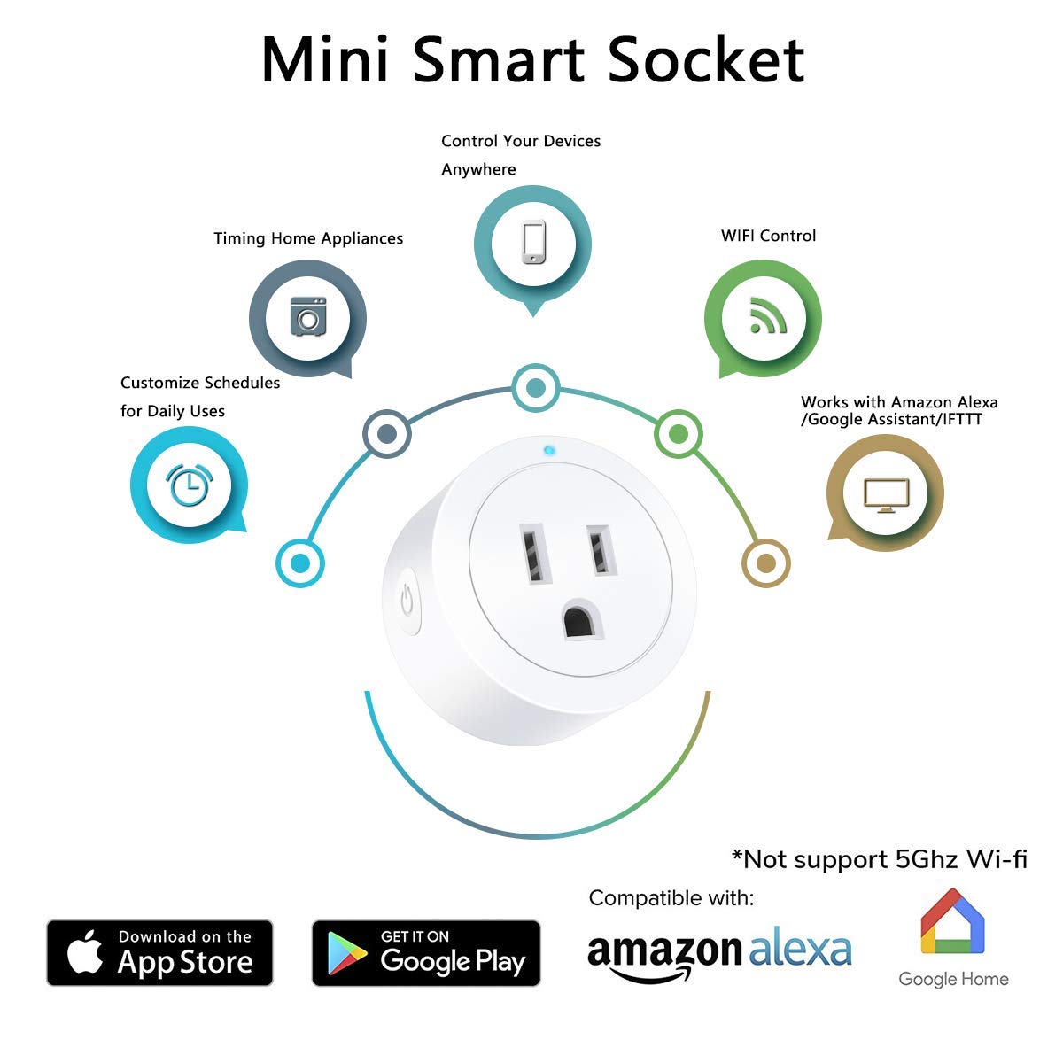Smart Plug Amysen - A Certified & Alexa, Echo & Google Home – Only WiFi 2.4G (4- Pack) (C LED Green)