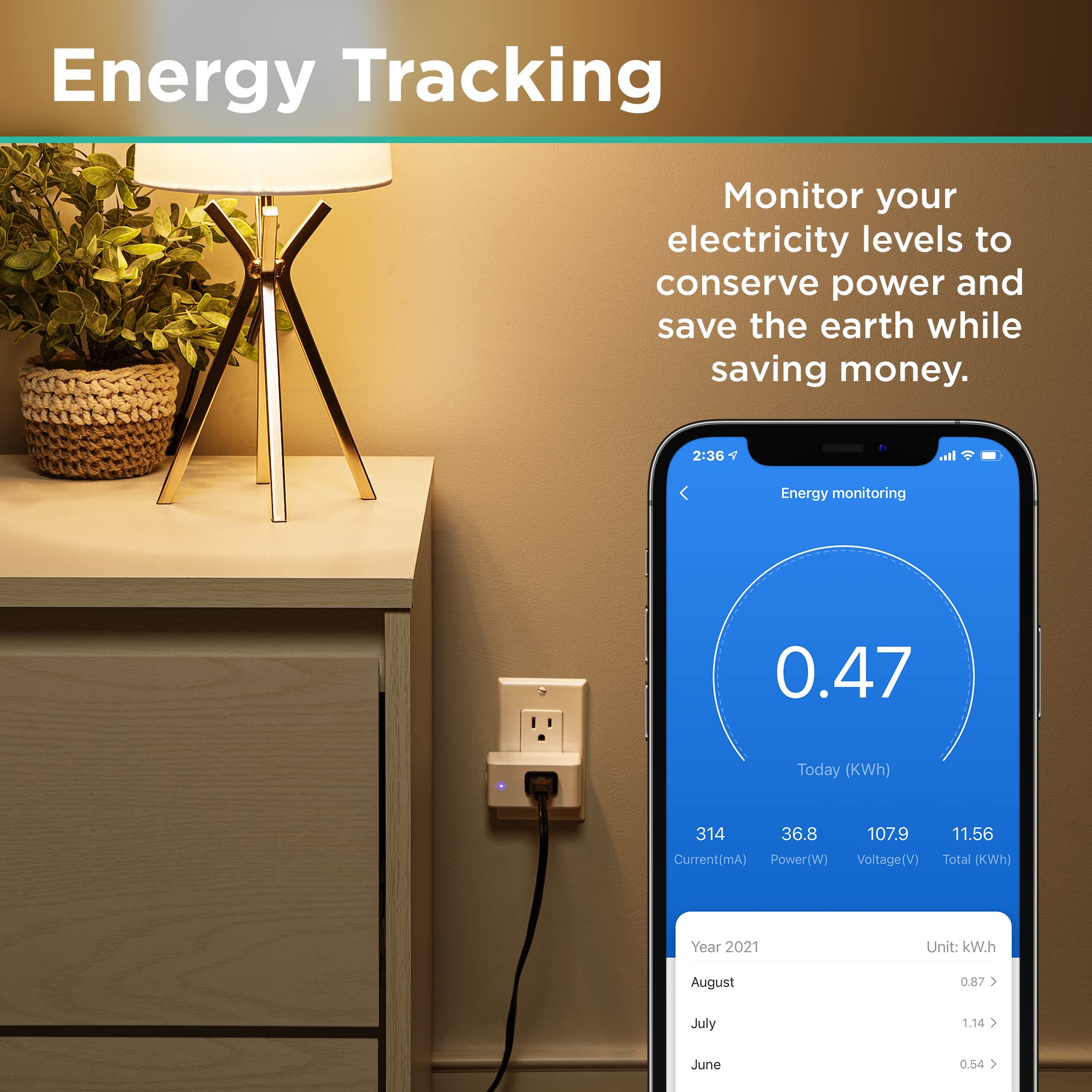 iHome Flow Smart Plug with Energy Monitoring and Timer Function, Wireless Wi-Fi Outlet Socket with On/Off Button, No Hub Required, Compatible with Alexa, Echo, and Google Home, 2-Pack