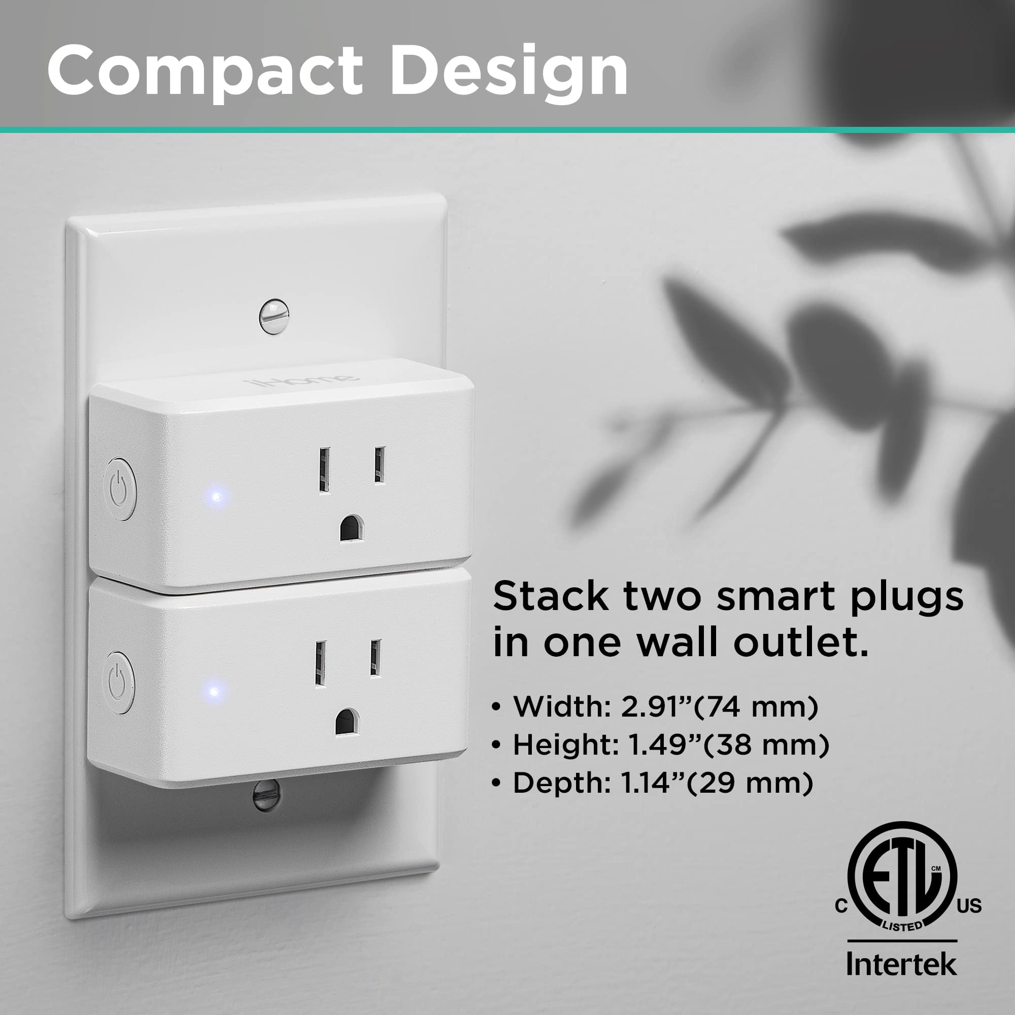 iHome Flow Smart Plug with Energy Monitoring and Timer Function, Wireless Wi-Fi Outlet Socket with On/Off Button, No Hub Required, Compatible with Alexa, Echo, and Google Home, 2-Pack