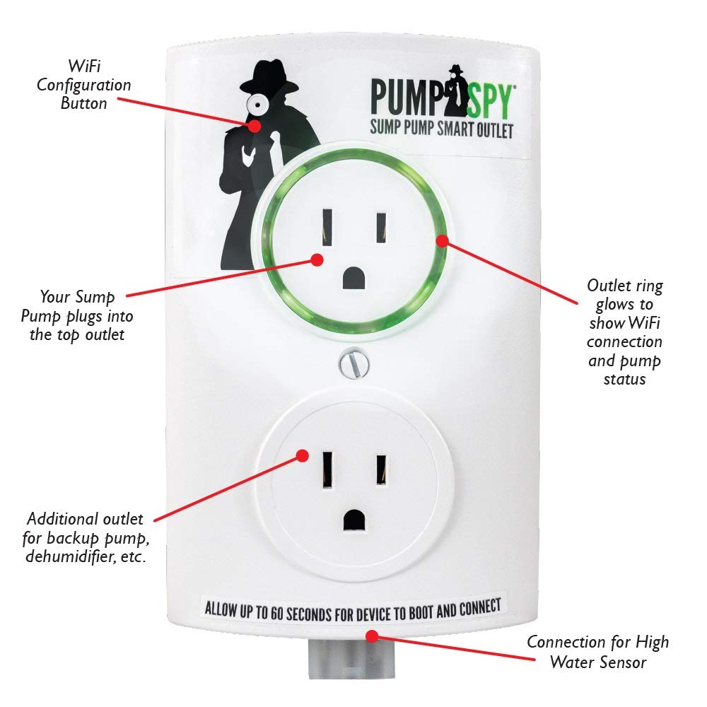 PumpSpy WiFi Sump Pump Smart Outlet with Sump Pump Water Level Sensor, 24/7Monitoring & Alerts, Works with any 120V Sump Pump, Has Additional Outlet for Backup System For Sump Pump, White