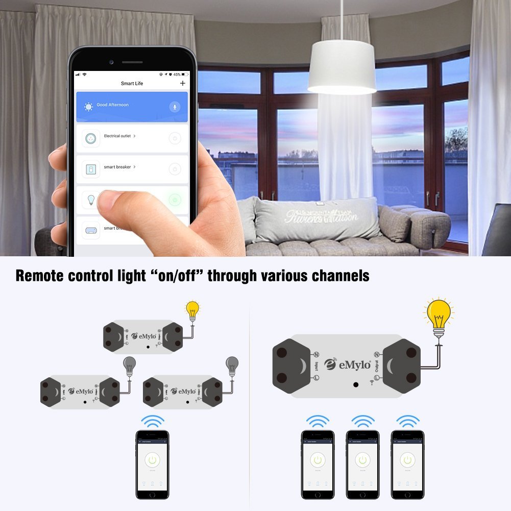 WiFi Smart Switch eMylo Wireless Relay Light Switch Tuya Remote Control Module Home Automation Timer Switch Compatible with Alexa Echo Google Home Iphone Android App 1 pack