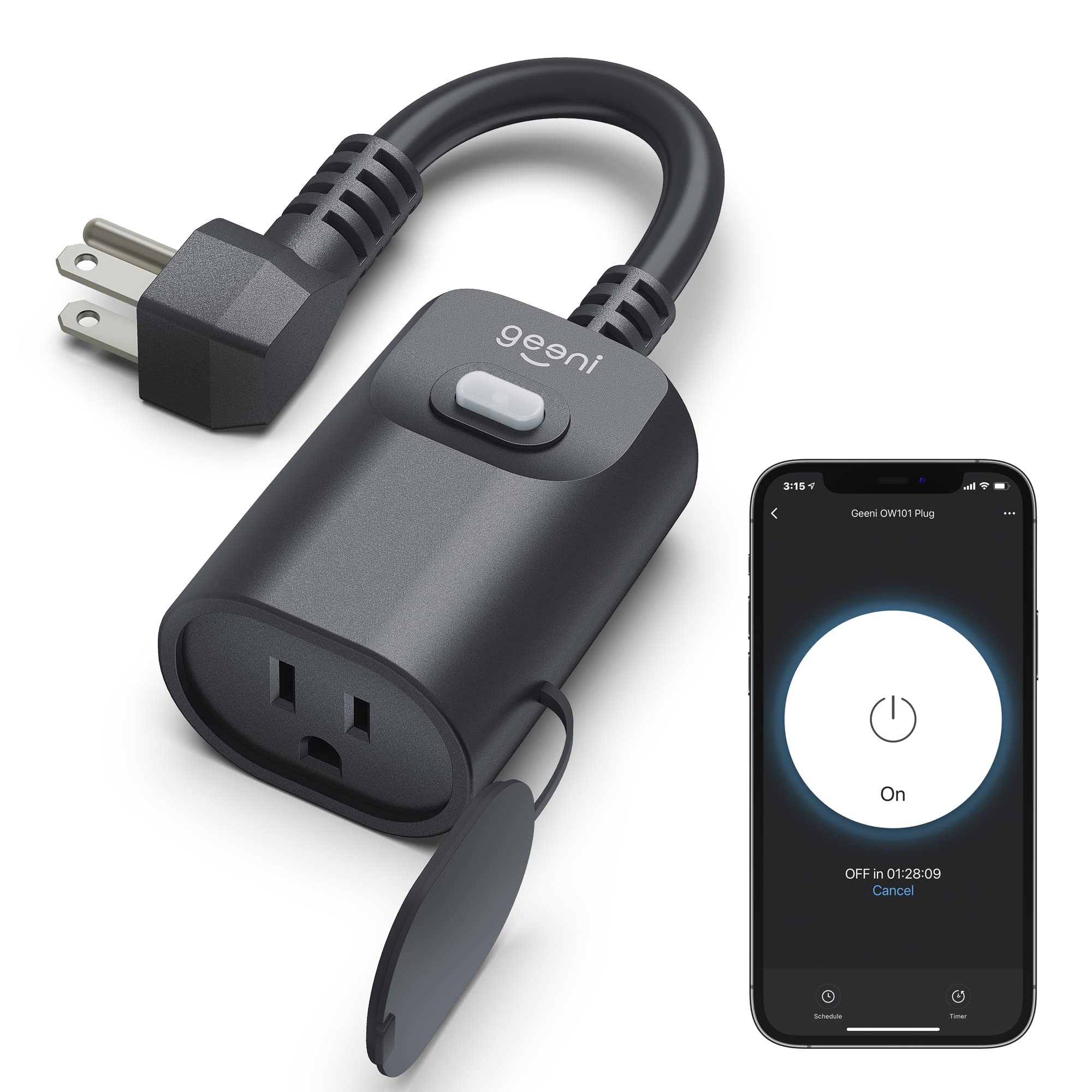 Geeni Indoor/Outdoor Smart Plug Weatherproof, 1 Socket âNo Hub Wireless Remote Control and Timer âWorks with Amazon Alexa, Google Assistant, Requires 2.4 GHz Wi-Fi, Black
