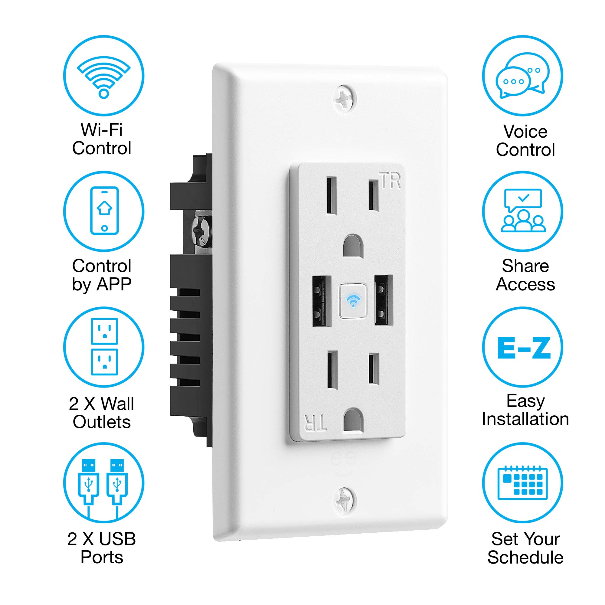 Geeni Wi-Fi Smart Wall Outlet with 2 Plugs and Wireless App Control, Compatible with Alexa and Google Home, WiFi Smart Outlet, 2 Pack