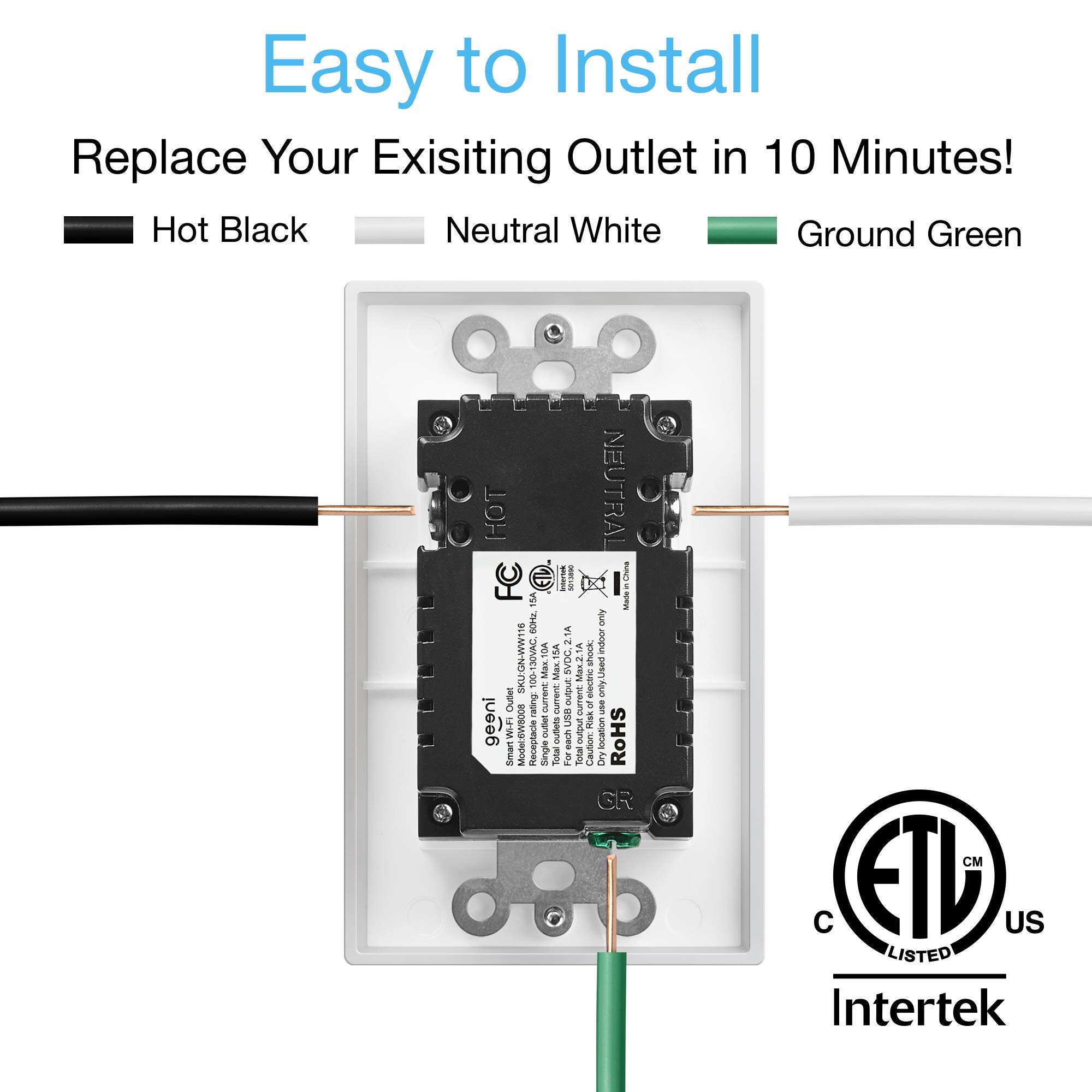 Geeni Wi-Fi Smart Wall Outlet with 2 Plugs and Wireless App Control, Compatible with Alexa and Google Home, WiFi Smart Outlet, 2 Pack