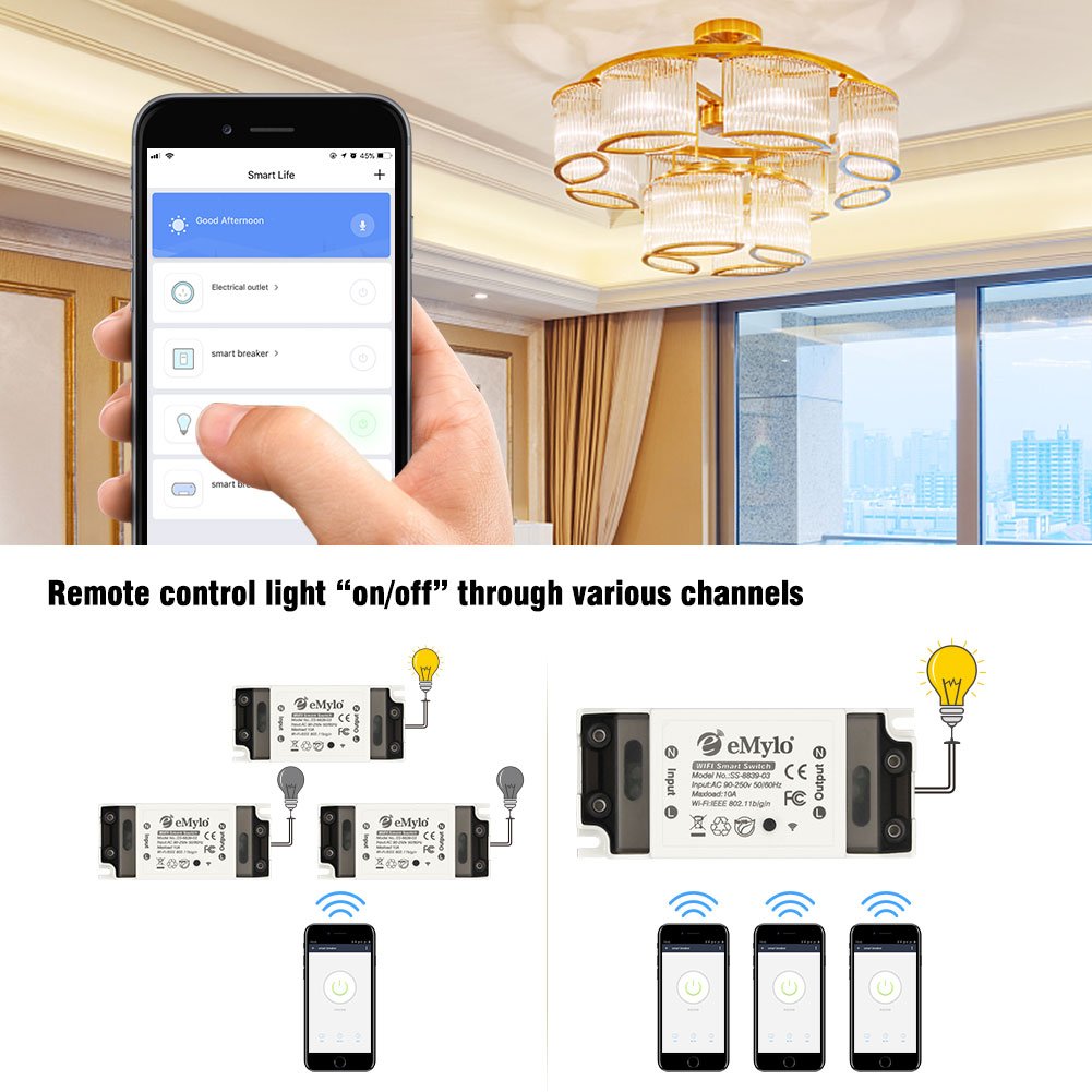Wifi Switch, Tuya Smart Relay Wireless Remote Control Light Switch Voice Control Outlet Timer Work with Alexa and Google Assistant 90-250V One Channel, 3 Pack