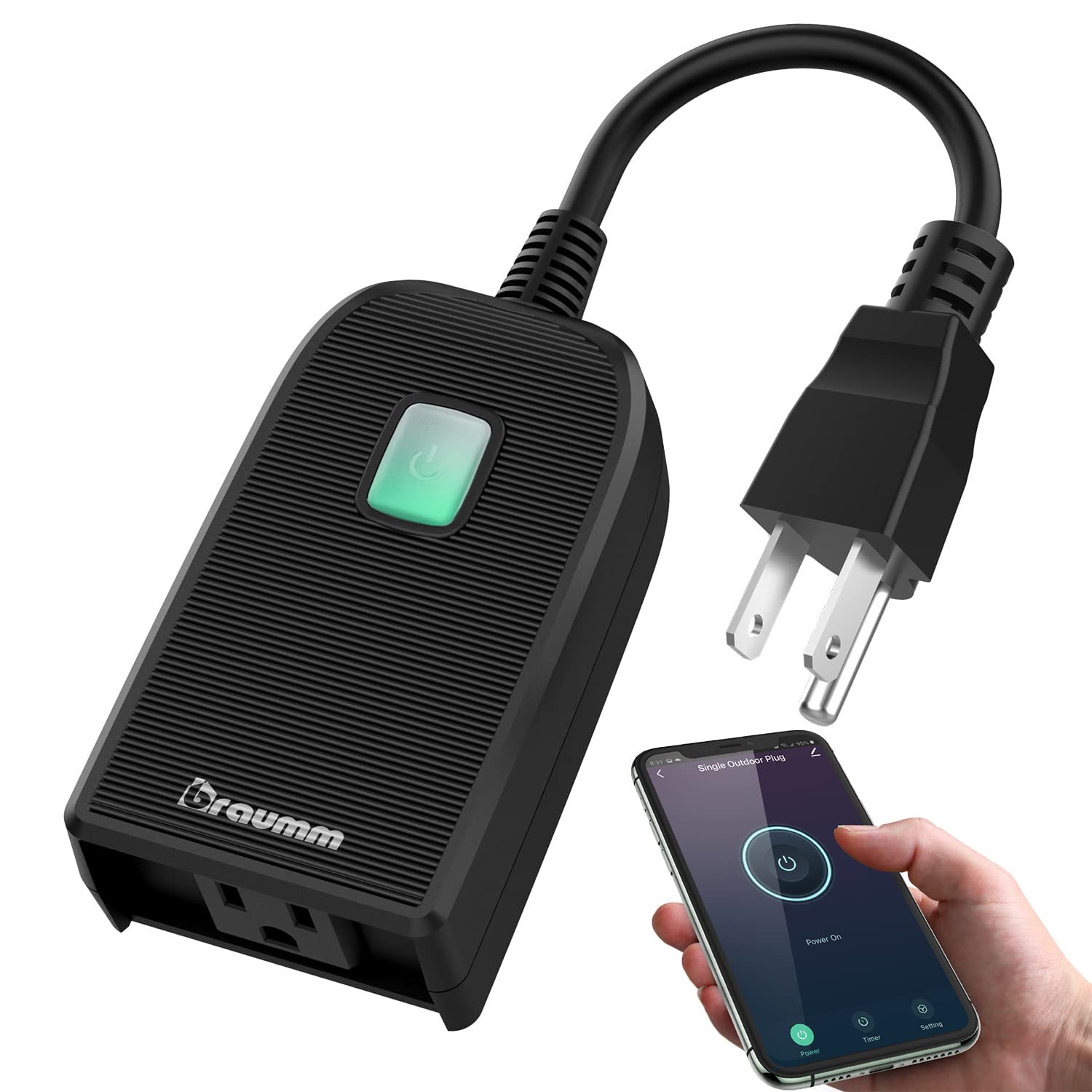 Braumm Outdoor Wi-Fi Timer Outlet, ETL Listed 125VAC/15A Smart Outdoor WiFi Remote Monitor, Weatherproof One Grounded Plug Compatible with Alexa and Google Assistant Voice Control - Black
