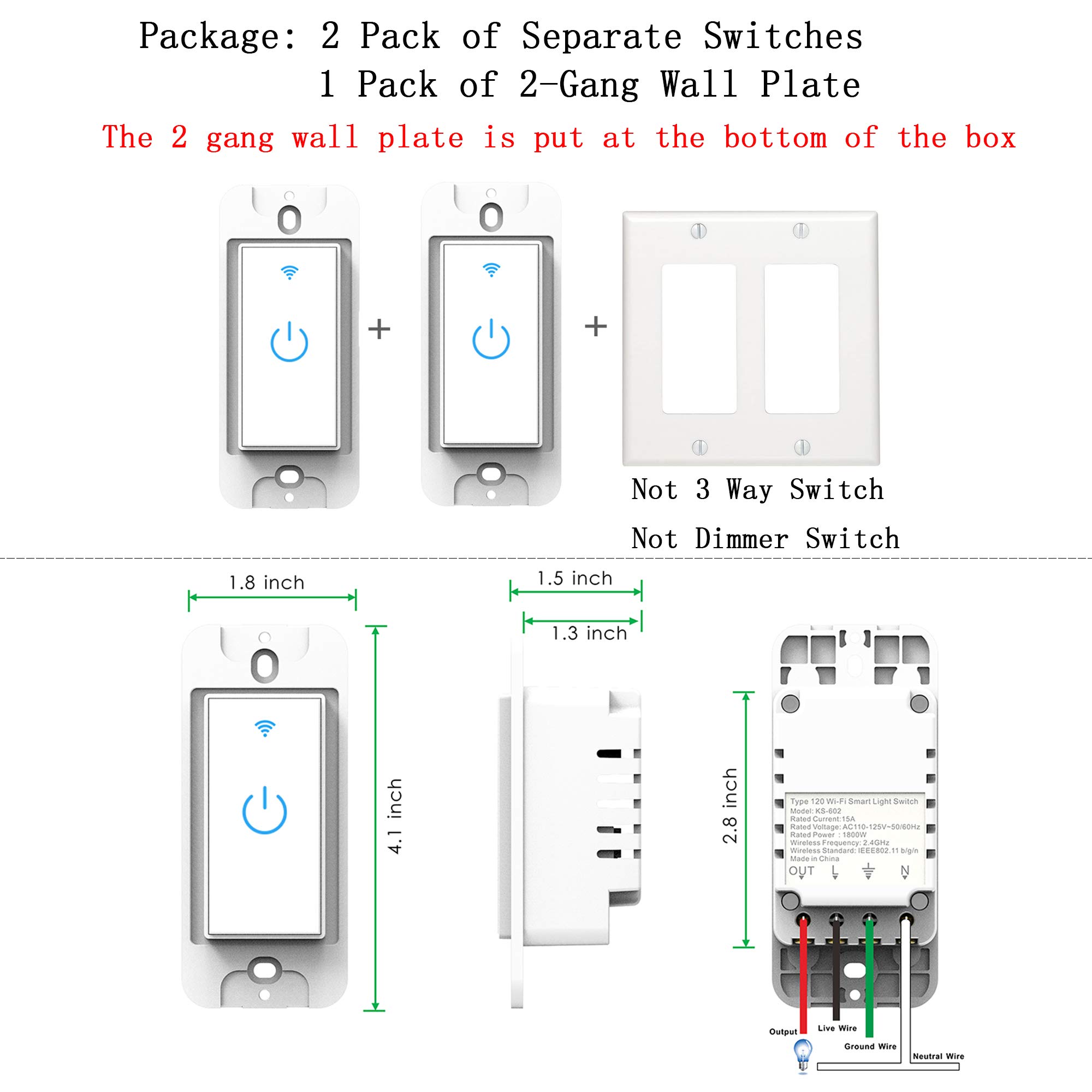 Smart WiFi Wall Outlet Plug, WiFi Wall Socket Duplex Receptacle, 15 Amp with 2 Independent Control, Compatible with Amazon Alexa and Google Home