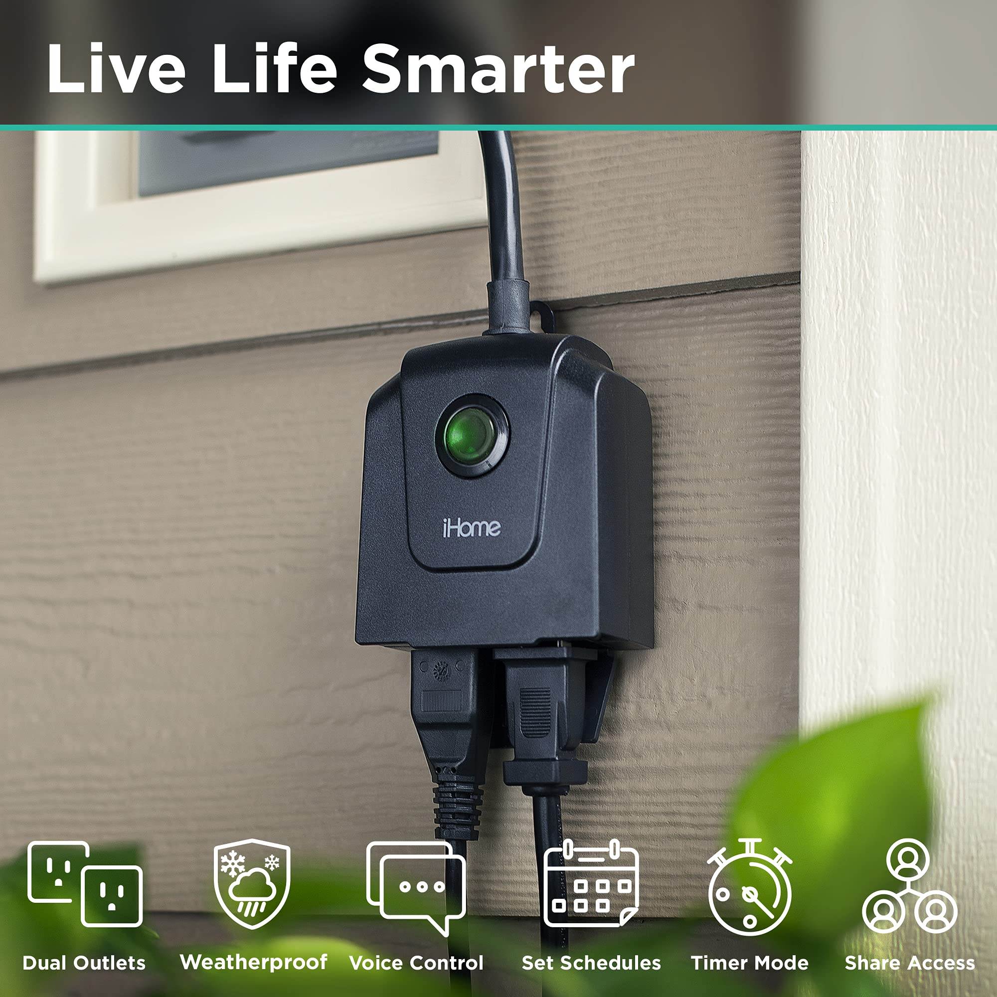 iHome Flow Outdoor Smart Plug with Dual Sockets, Weatherproof IPX3 WiFi Plug with 2 Individually Controlled Smart Outlets, Works with Alexa & Google Home Voice Activation